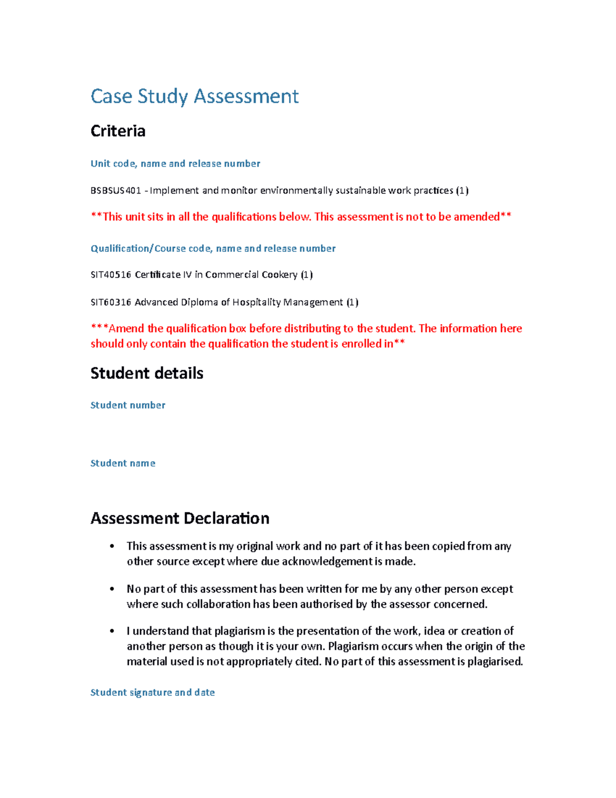 Bsbsus 401 AE CS 1of2 - abcd - Case Study Assessment Criteria Unit code ...