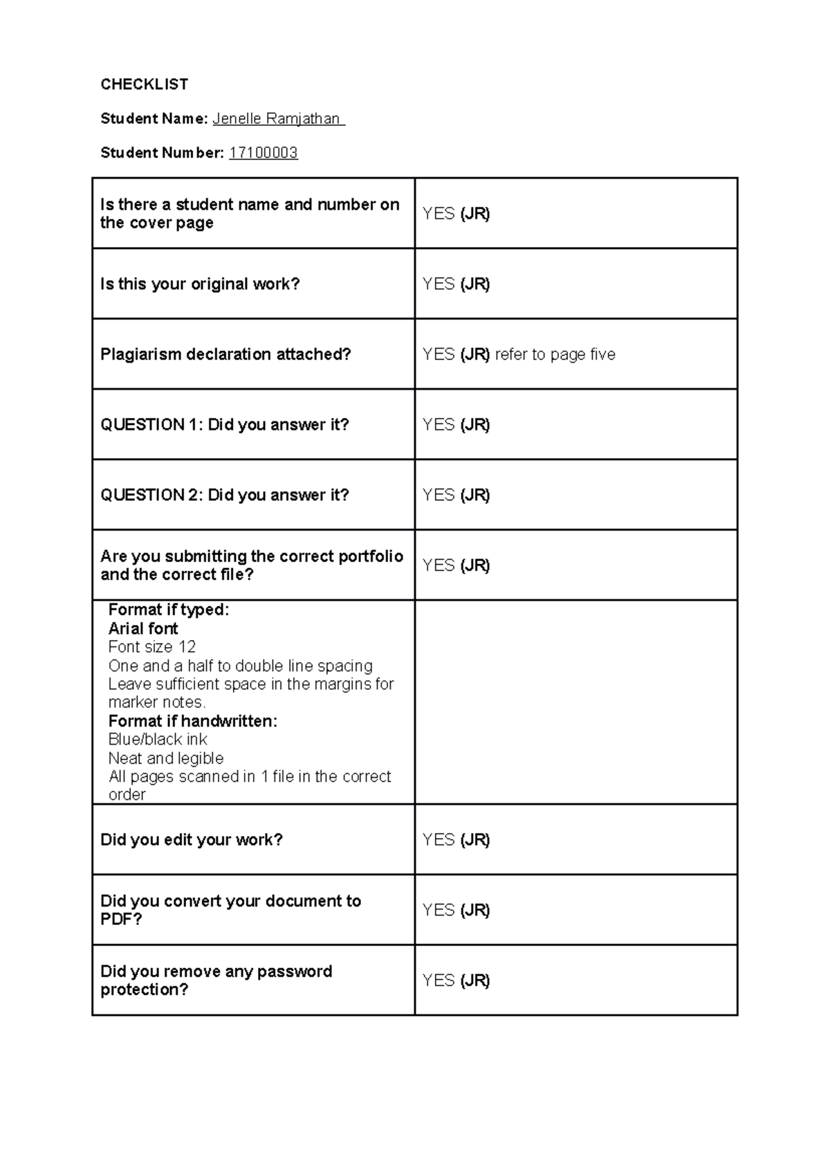 Assignment Three - Exam Portfolio - CHECKLIST Student Name: Jenelle ...