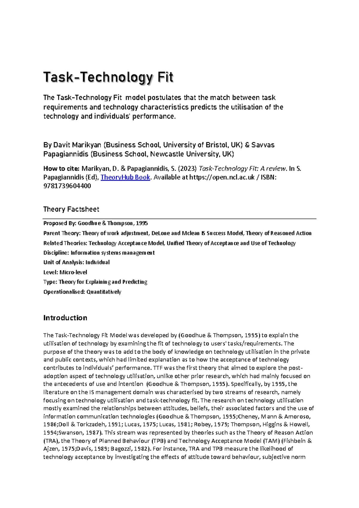 Task-technology-fit - Theoretical Framework for Research - Task ...