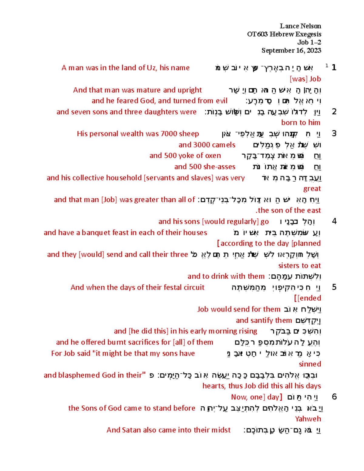 Nelson L Job 1-2 Translation - OT603 Hebrew Exegesis Job 1– September ...