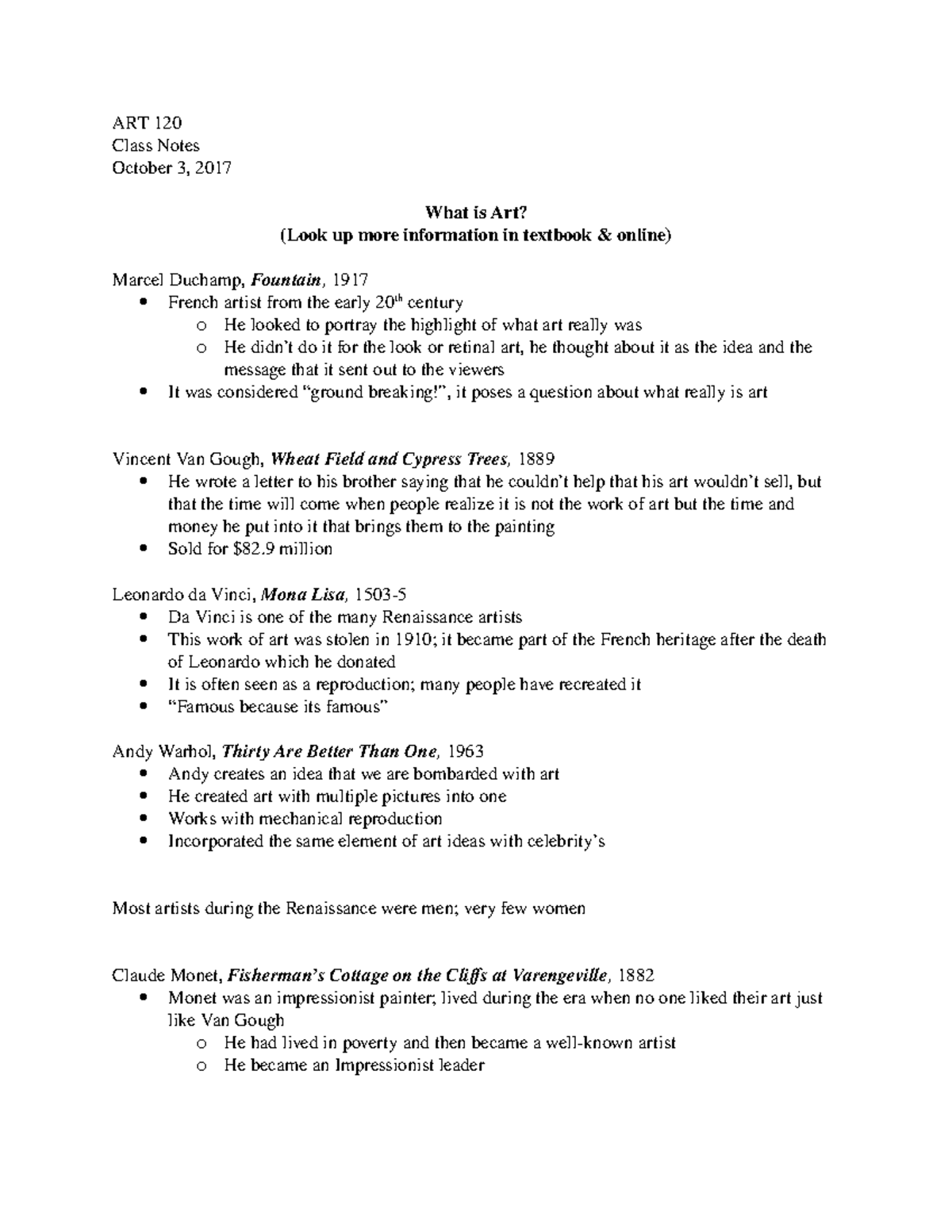 ART120 001 October 3 - Professor Kathy Quick; Semesterly Note Taker ...