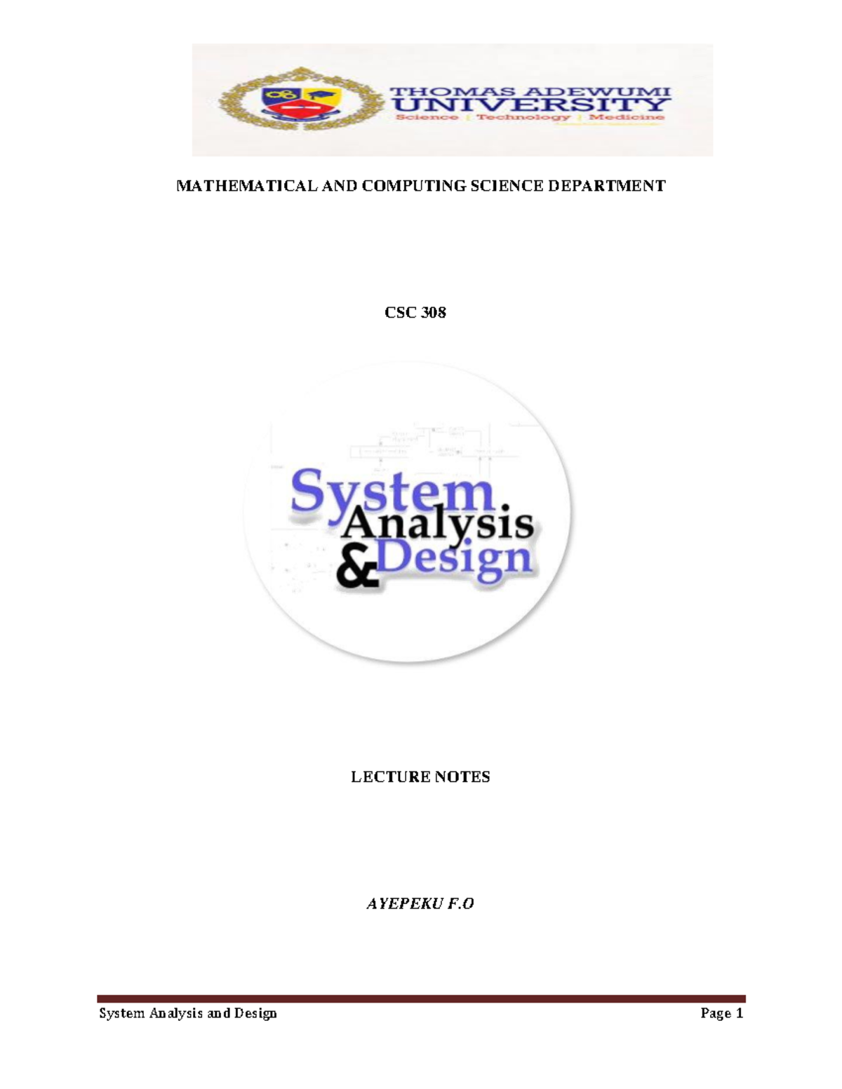 System-analysis-and-design-csc308 1716370683 - MATHEMATICAL AND ...
