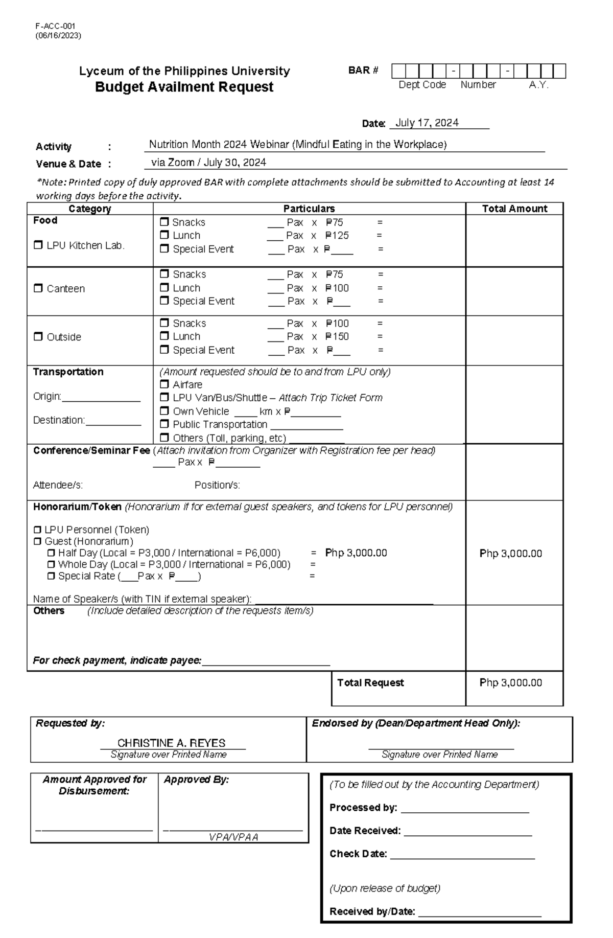 2023 Budget Availment Form Approved - F-ACC- 001 (06/16/2023) Lyceum of ...