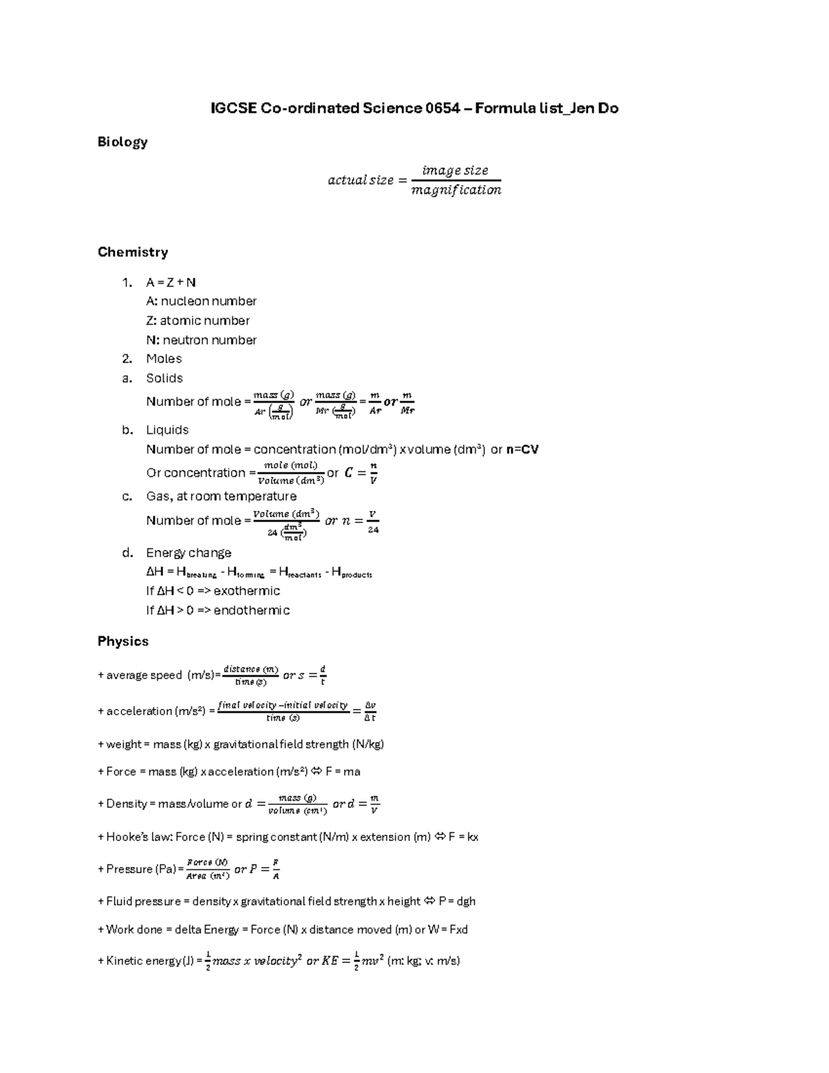 Igcse Formula-List - IGCSE Co-ordinated Science 0654 – Formula list_Jen ...