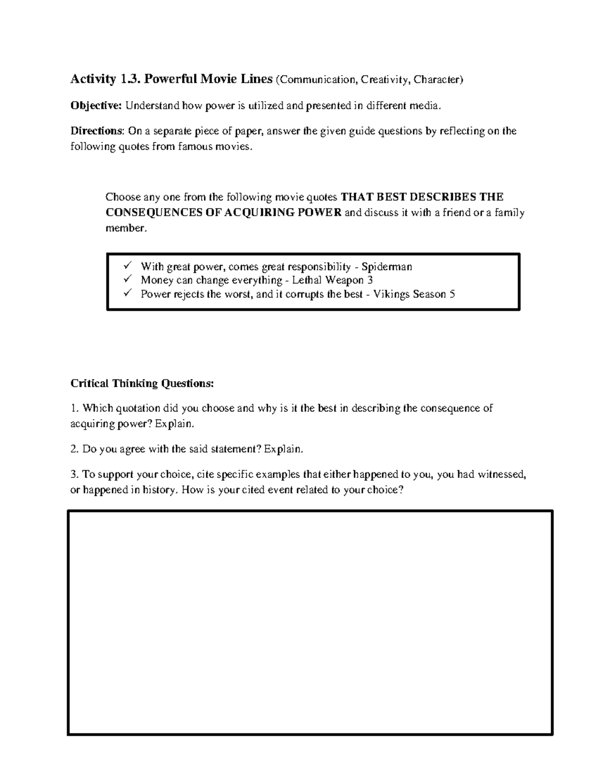 Activity 1.3. Powerful Movie Lines - Activity 1. Powerful Movie Lines ...