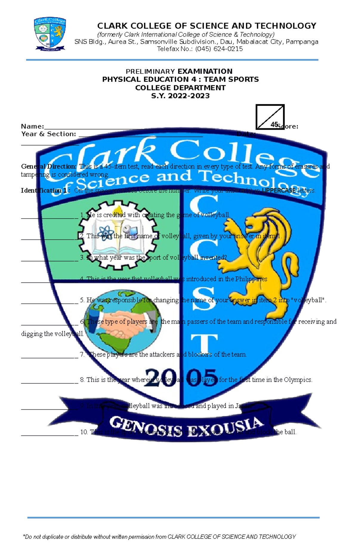 College Prelim Examination PE4 - CLARK COLLEGE OF SCIENCE AND ...
