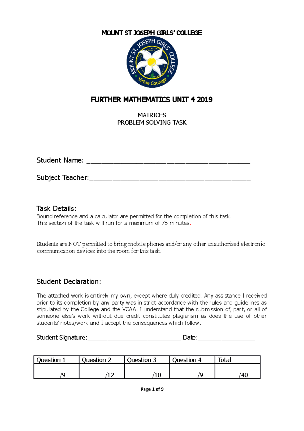 2019 MSJ Matrices SAC Final - MOUNT ST JOSEPH GIRLS’ COLLEGE FURTHER ...