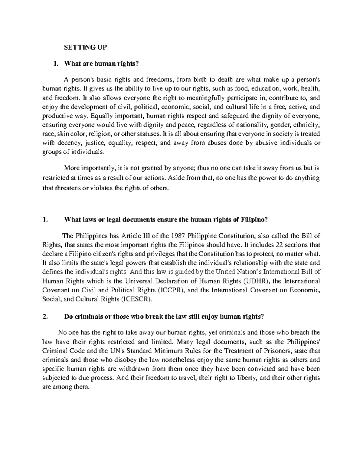 Setting UP2NSTP2 - SETTING UP What are human rights? A person's basic ...