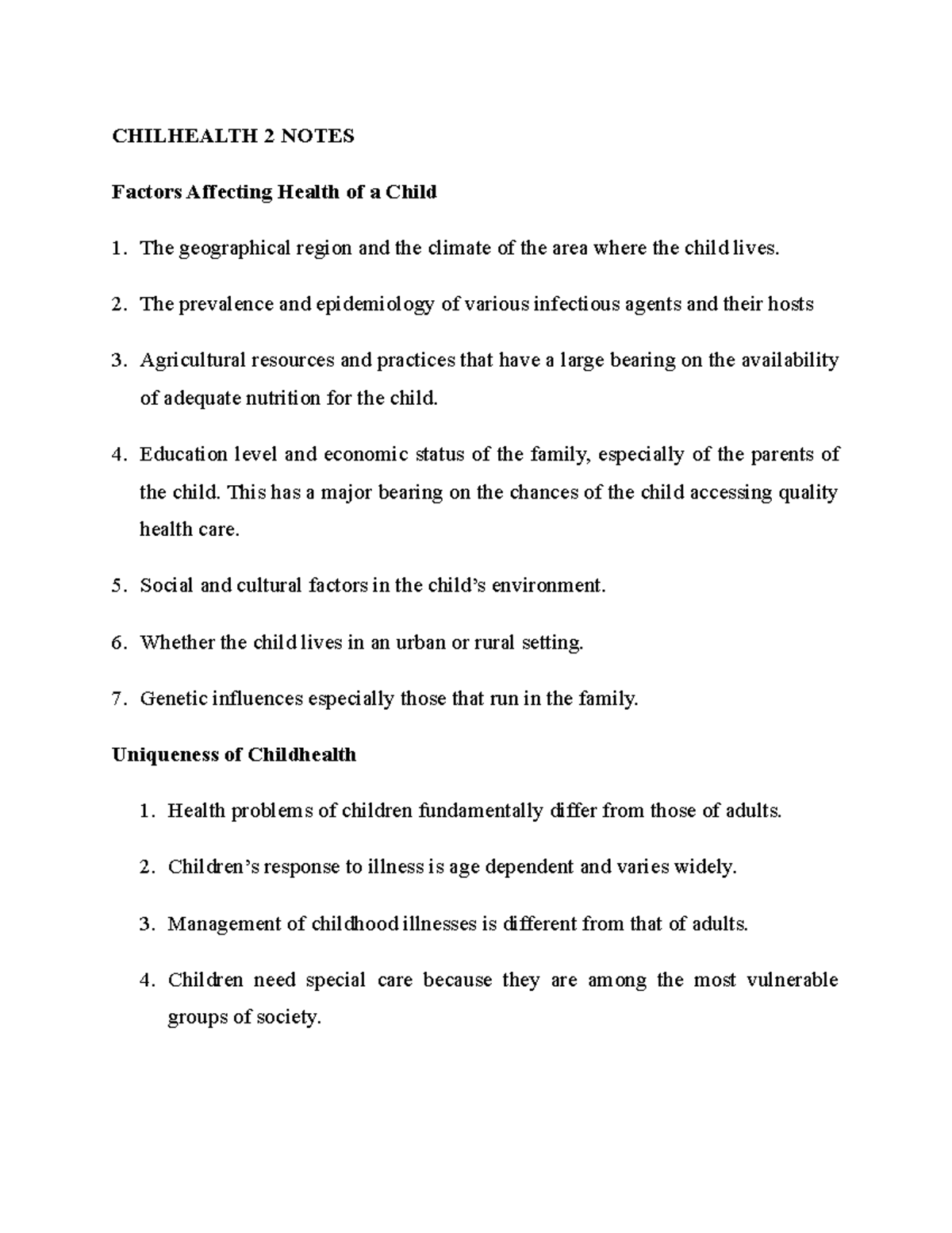 Chilhealth 2 Notes - Child Health - CHILHEALTH 2 NOTES Factors ...