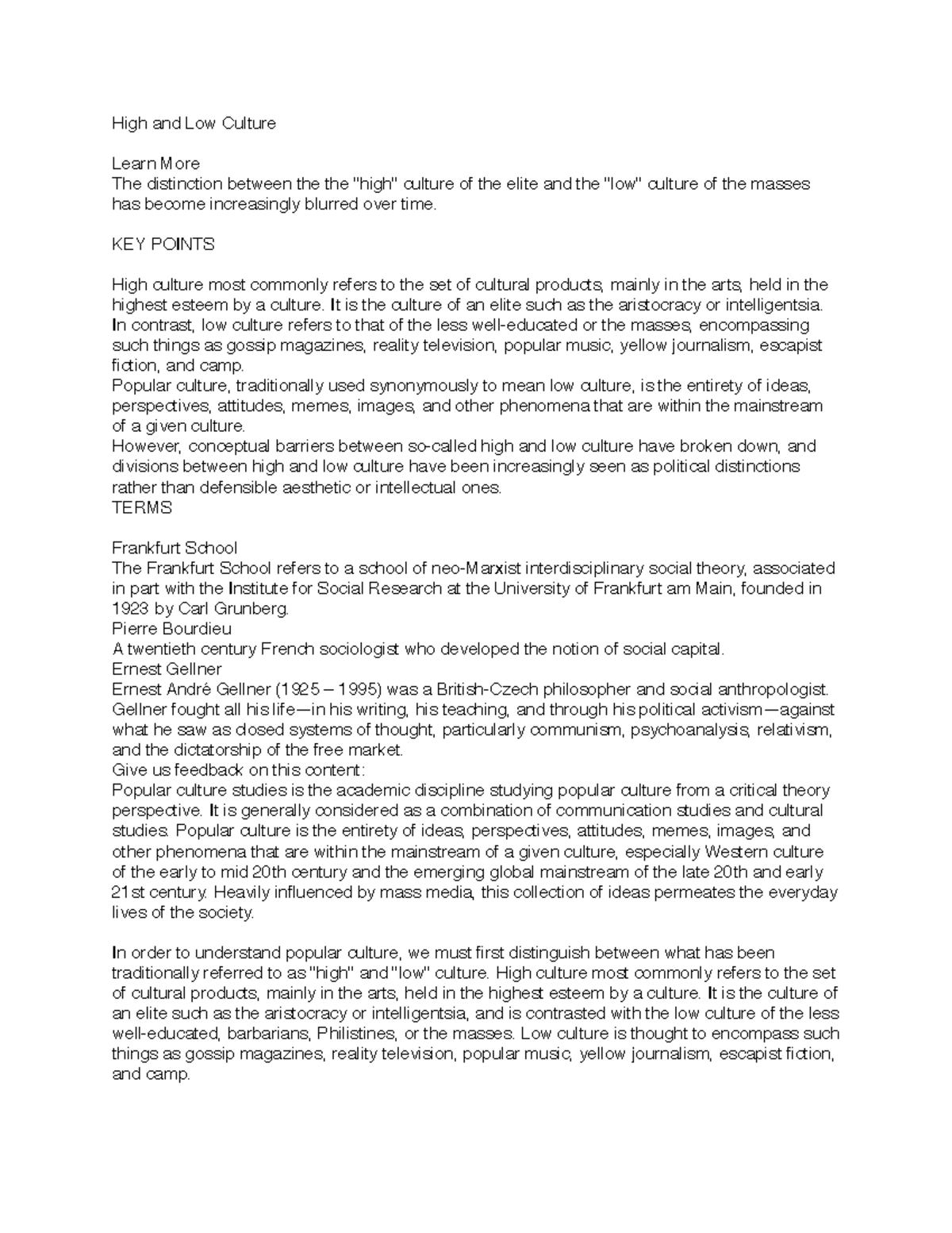 High and Low Culture - Summary Bachelor of Arts - High and Low Culture ...