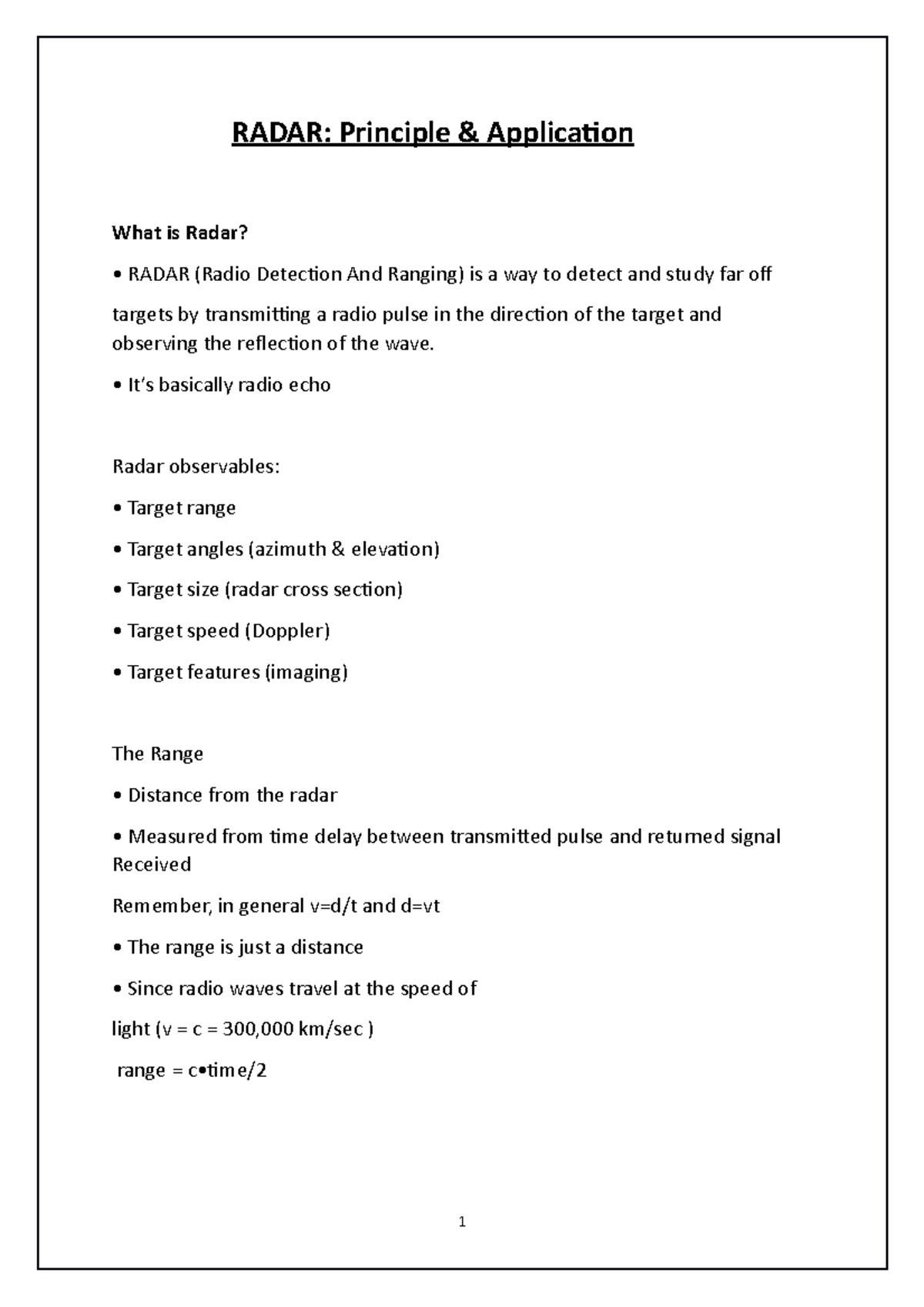Radar - Lecture notes 3-4 - RADAR: Principle & Application What is ...