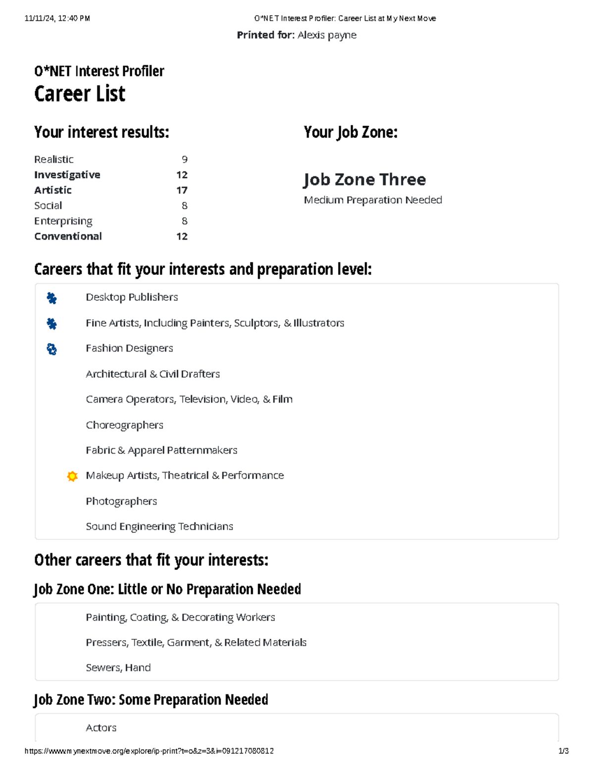 O NET Interest Profiler Career List at My Next Move - 11/11/24, 12:40 ...