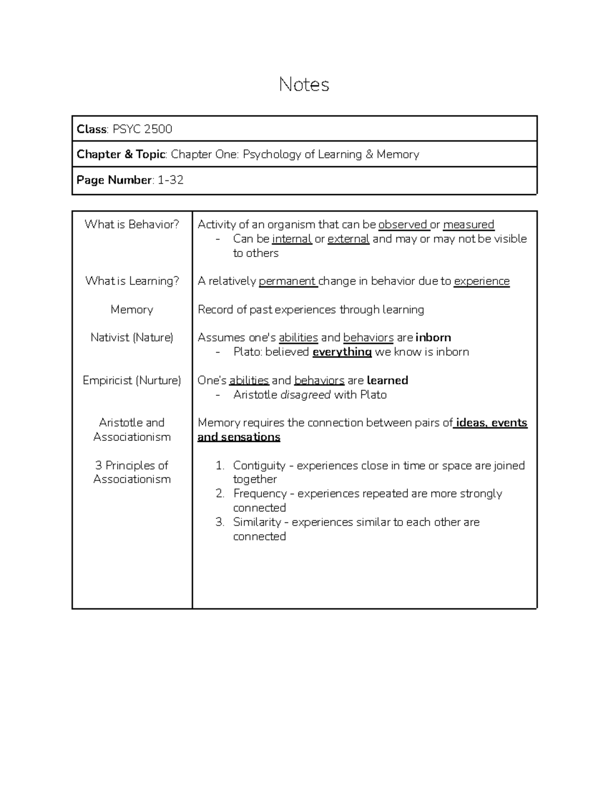 Cornell Notes Format - Notes Class : PSYC 2500 Chapter & Topic ...