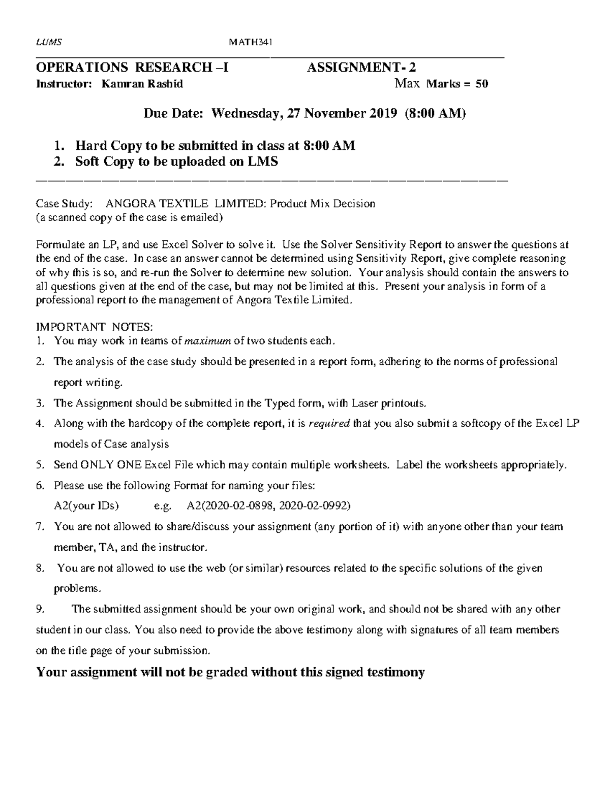 Assignment-2 FALL 2019-20 - LUMS MATH OPERATIONS RESEARCH –I ASSIGNMENT ...