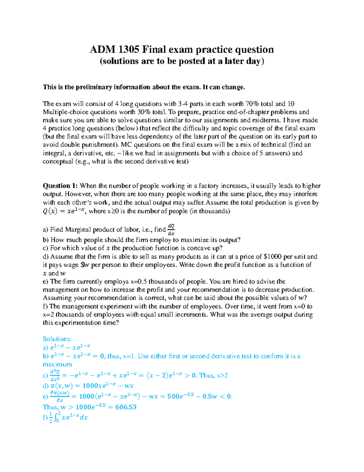 Practice questions for final ADM 1305 - solutions - ADM 1305 Final exam practice question ...