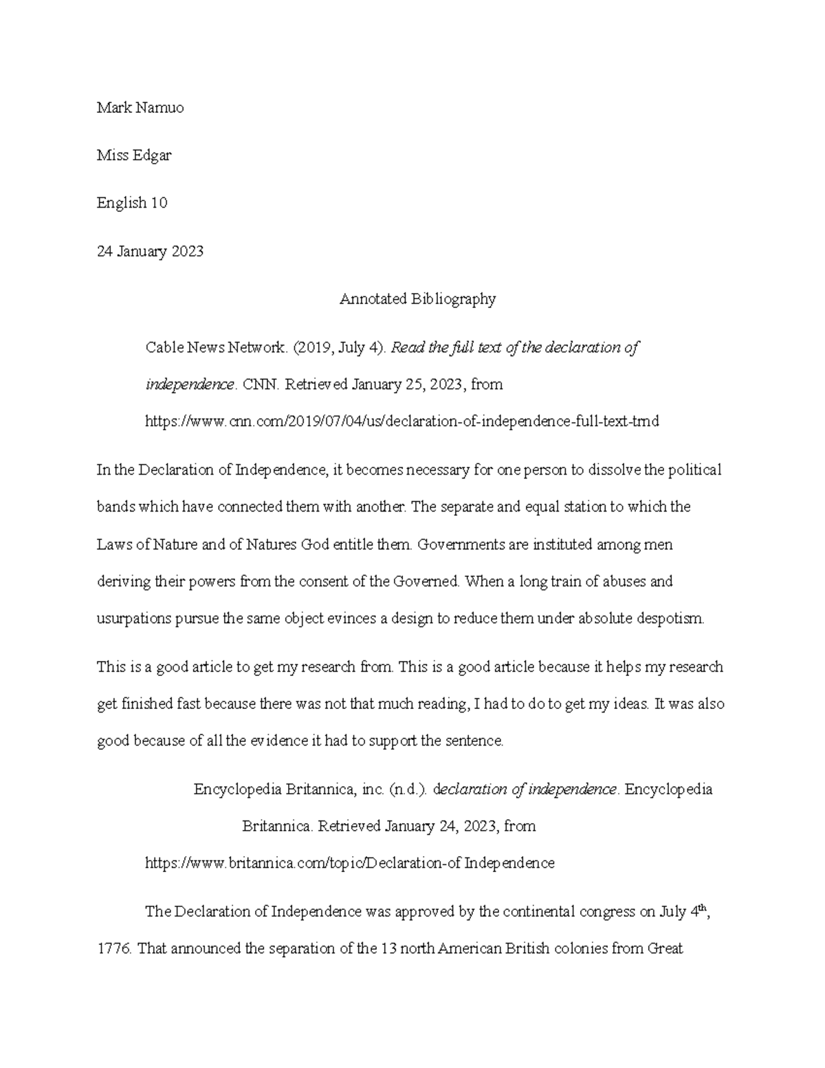 Annotated Bibliography (Declaration of Independence - Mark Namuo Miss ...
