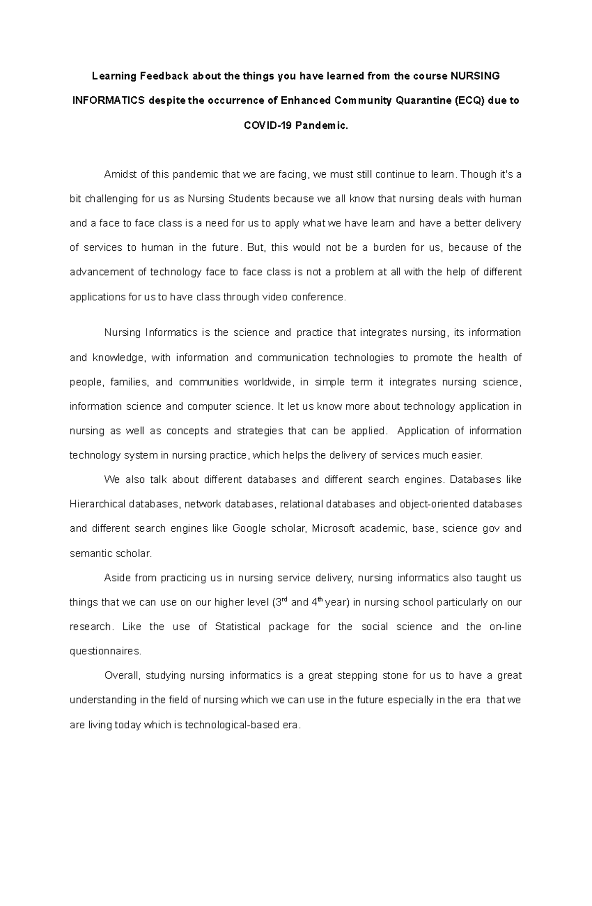 Nursing Informatics learning feedback - Learning Feedback about the ...