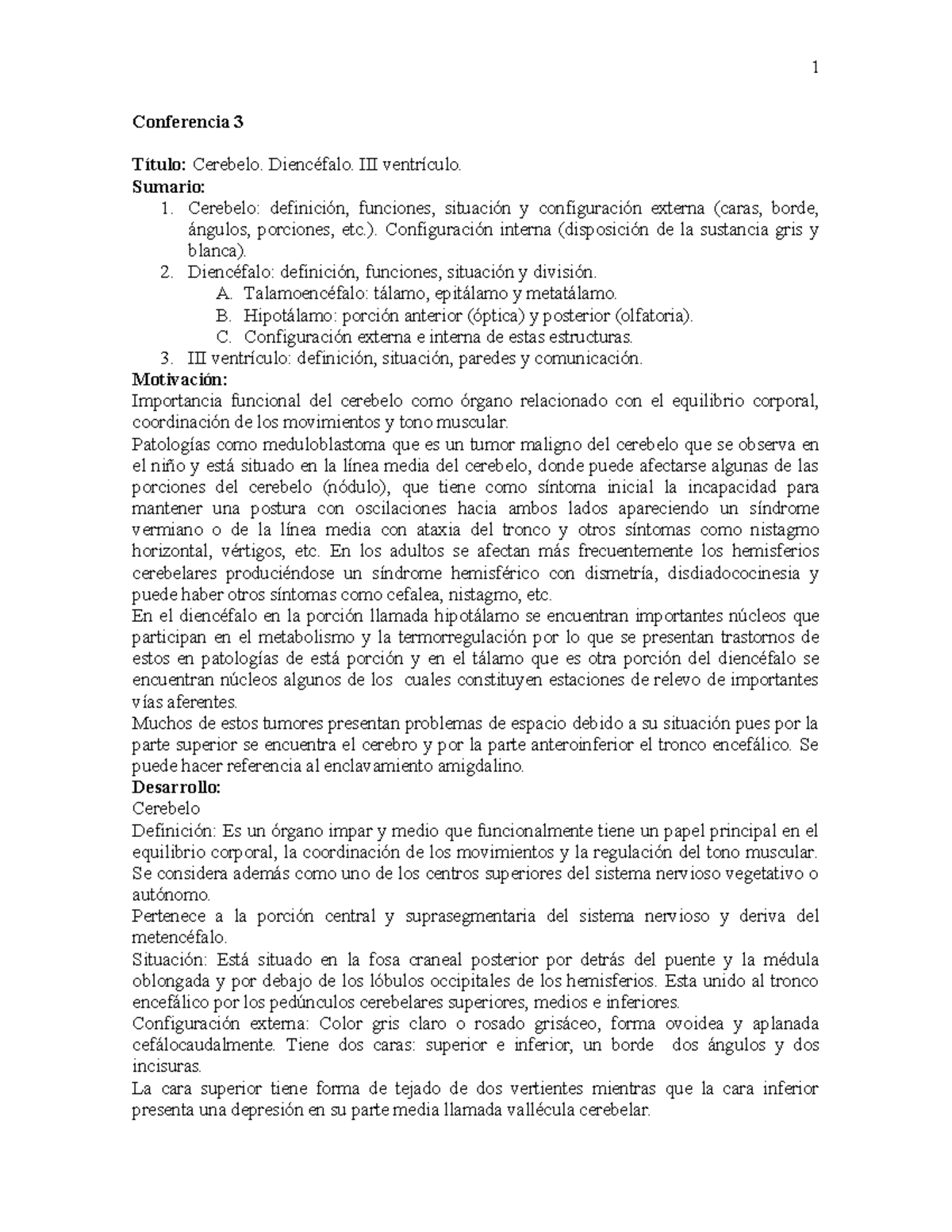 Cereb.dienc. IIIventric - Conferencia 3 Título: Cerebelo. Diencéfalo ...