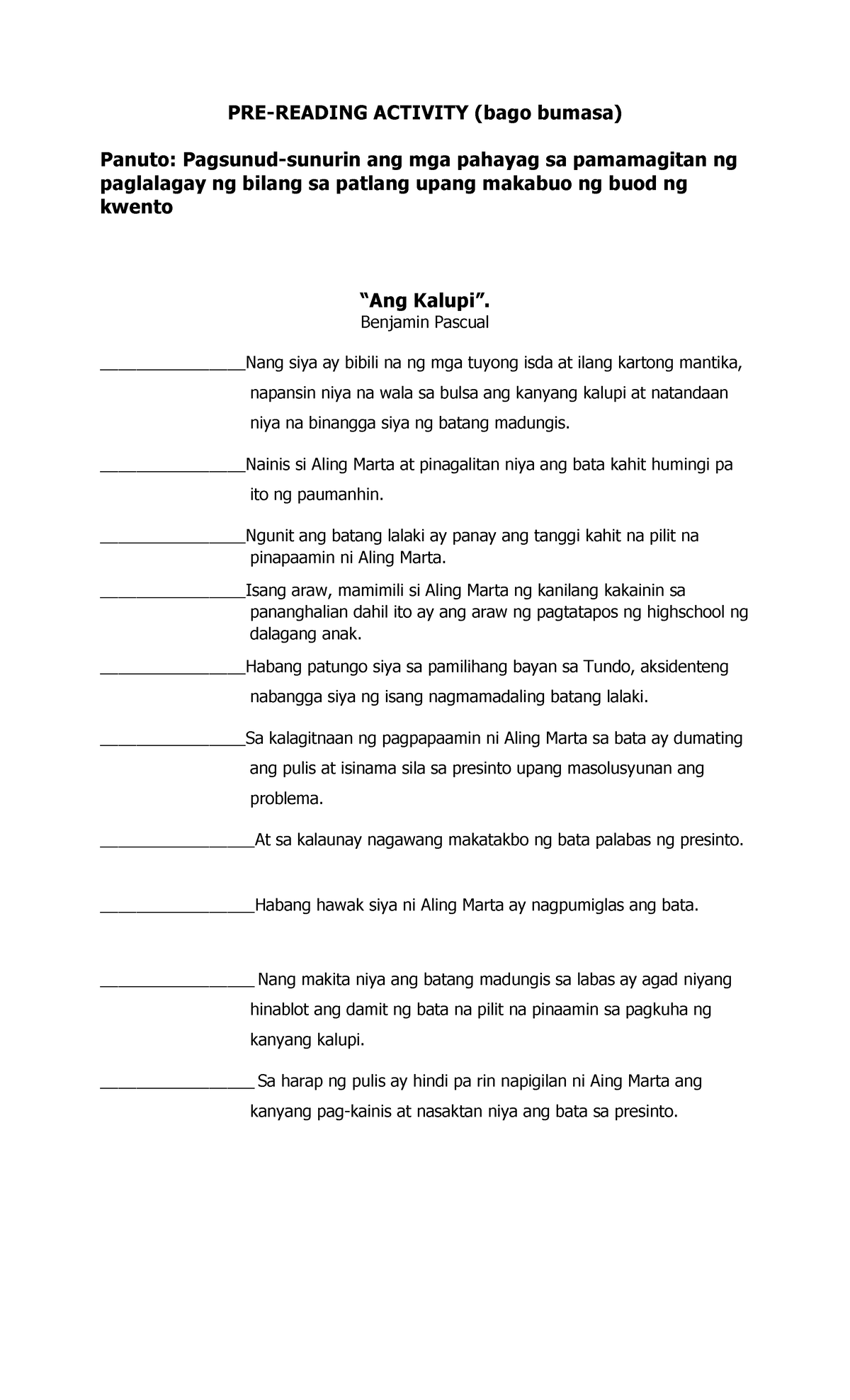 Ang Kalupi prereading - info - PRE-READING ACTIVITY (bago bumasa ...