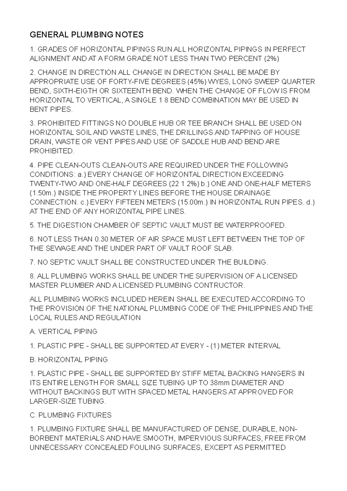 Building - GENERAL PLUMBING NOTES 1. GRADES OF HORIZONTAL PIPINGS RUN ...