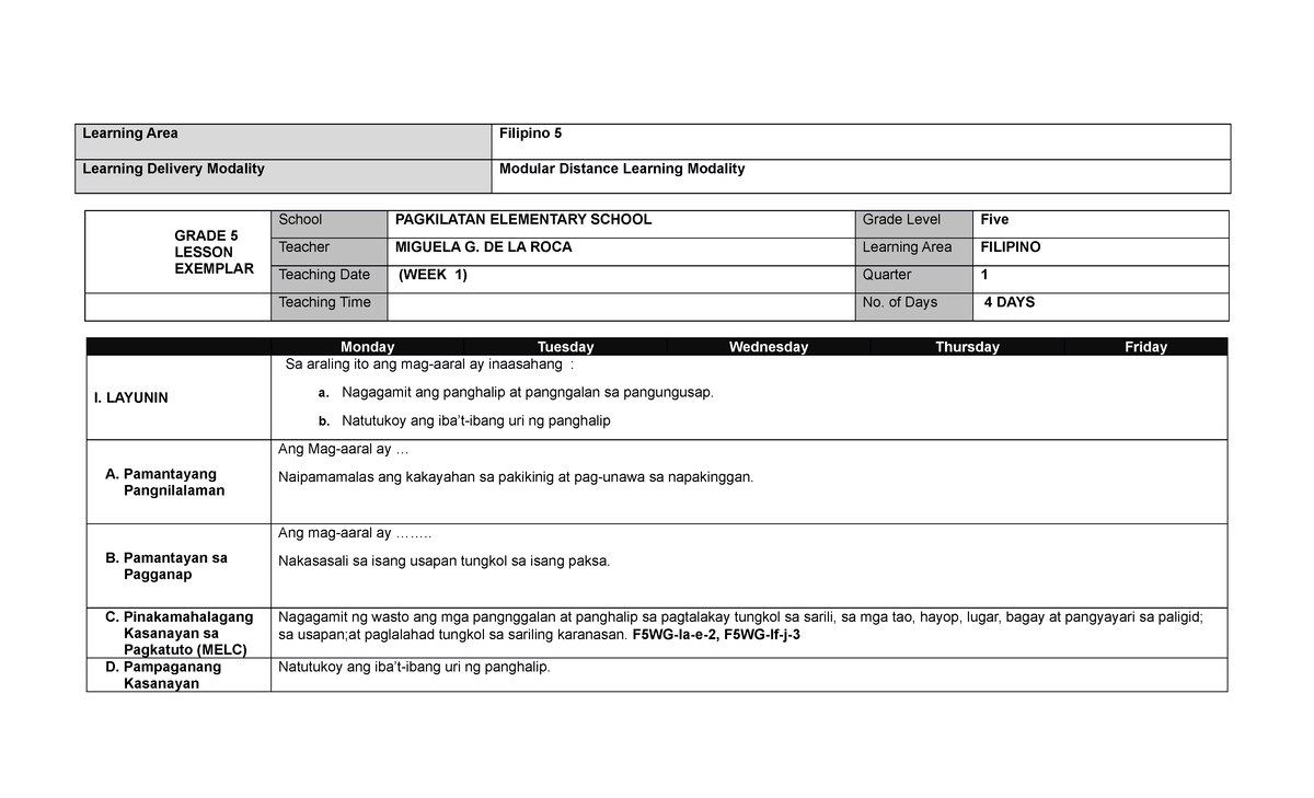 Lesson Exemplar in Filipino 5 1st Quarter - Learning Area Filipino 5 ...