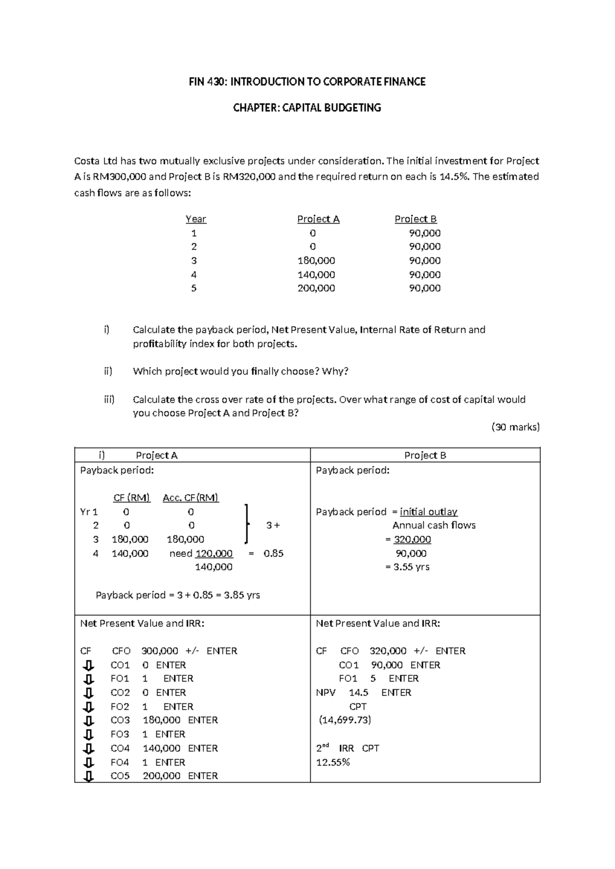 Assignment ON Capital Budgeting - Answers - FIN 430: INTRODUCTION TO ...