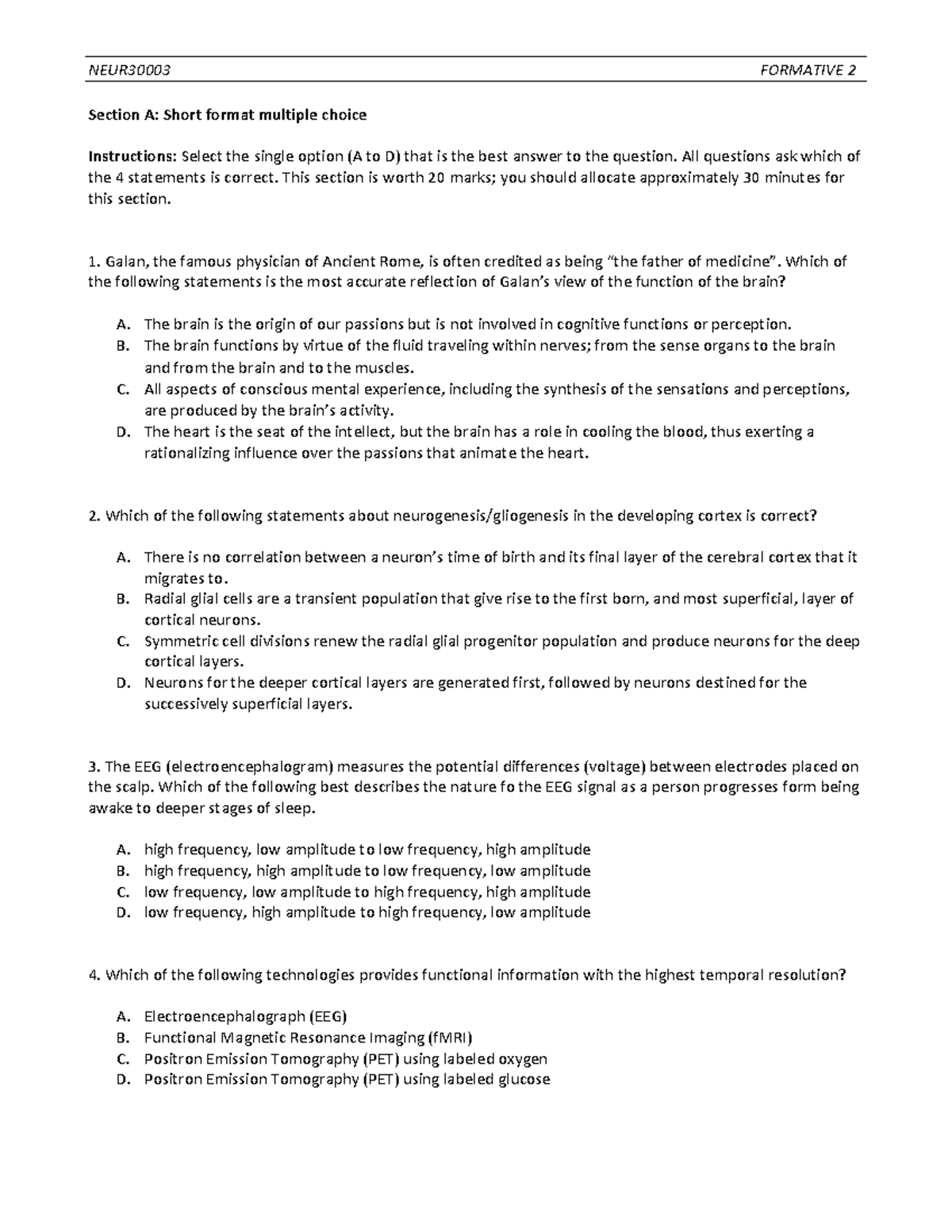 NEUR30003 - 2023 Practice Exam - Section A: Short format multiple ...
