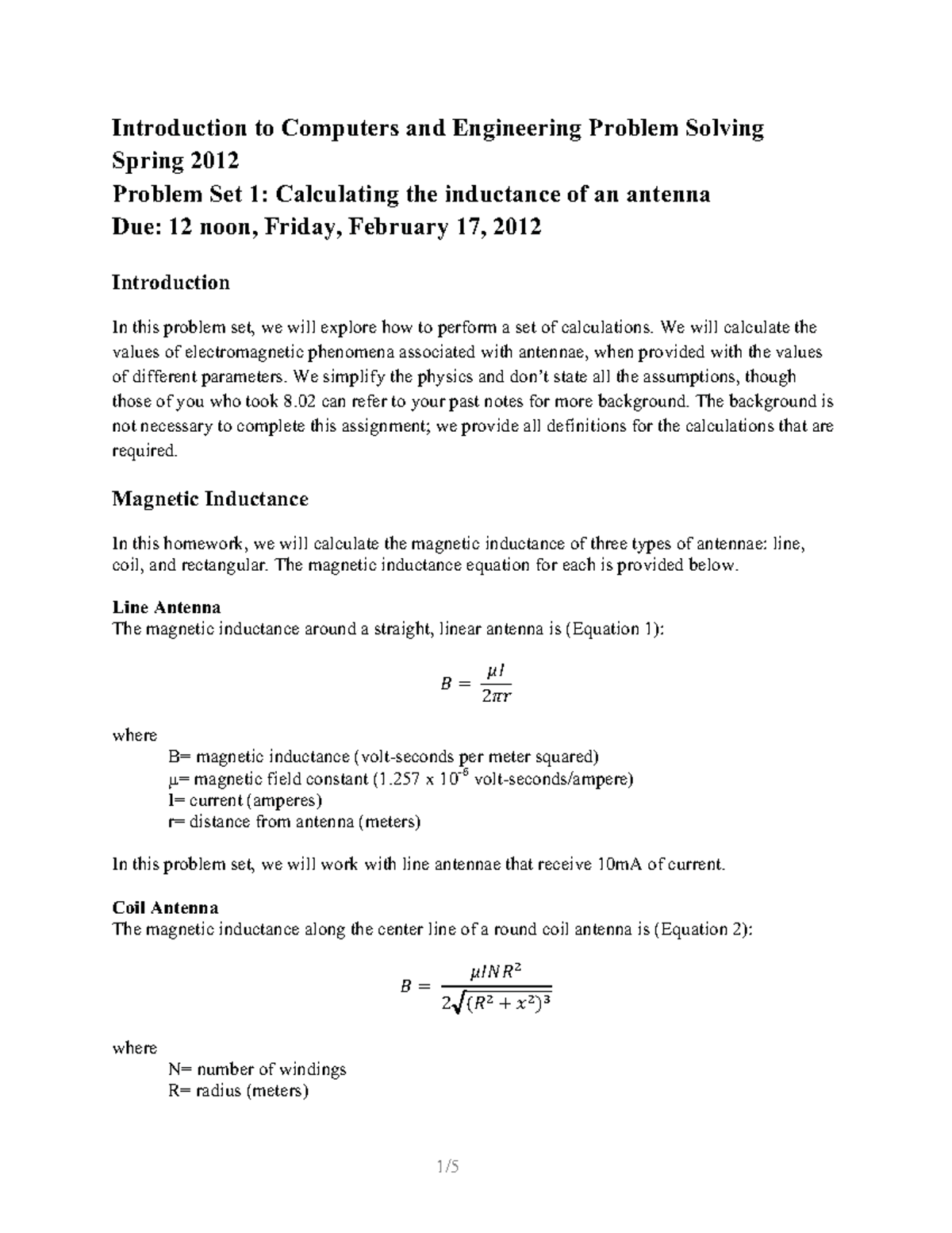 Seminar Assignments Problem Set 1 5 Introduction To Computers And Engineering Problem