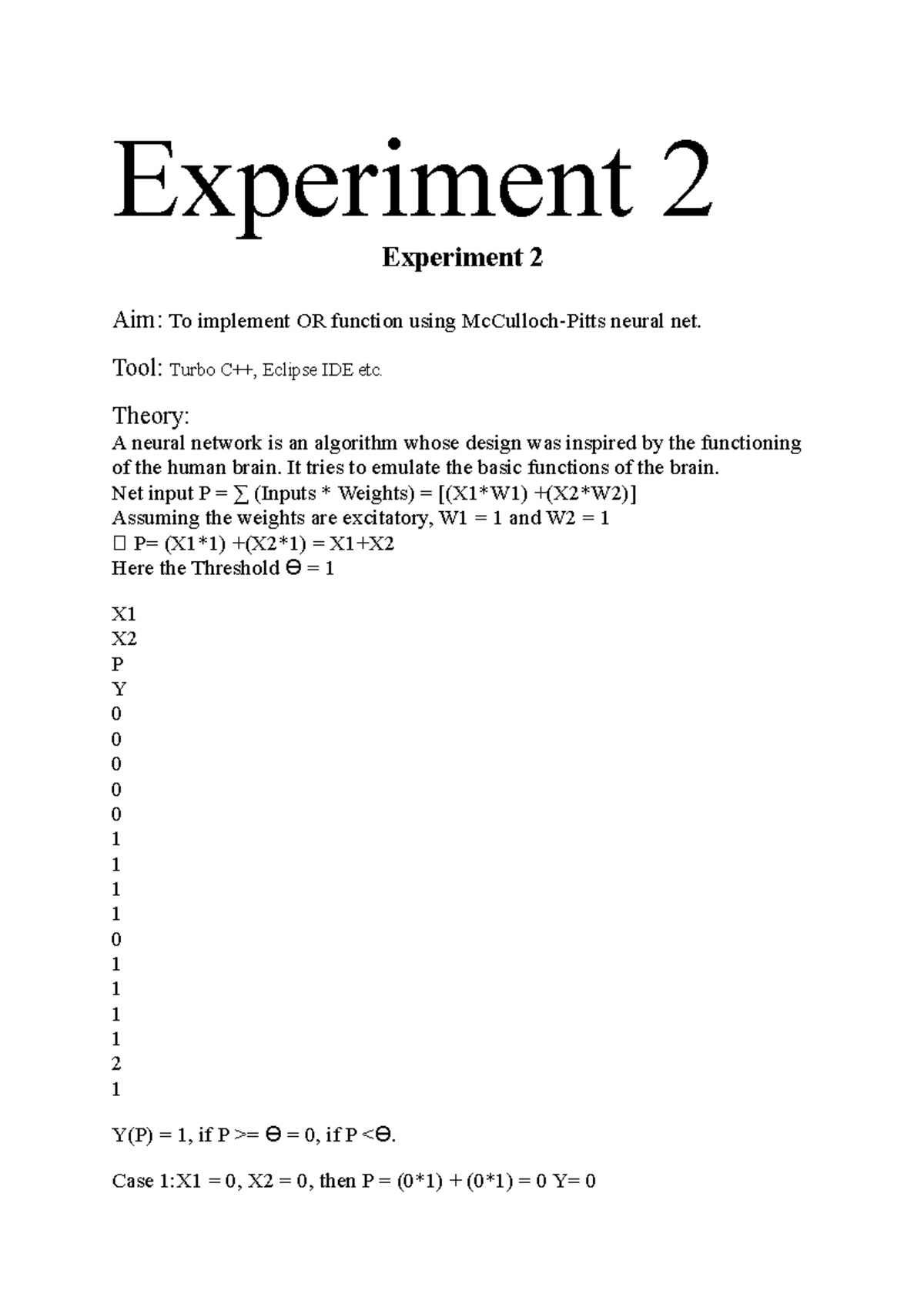 Experiment No - MP Model - Experiment 2 Experiment 2 Aim: To implement OR function using - Studocu
