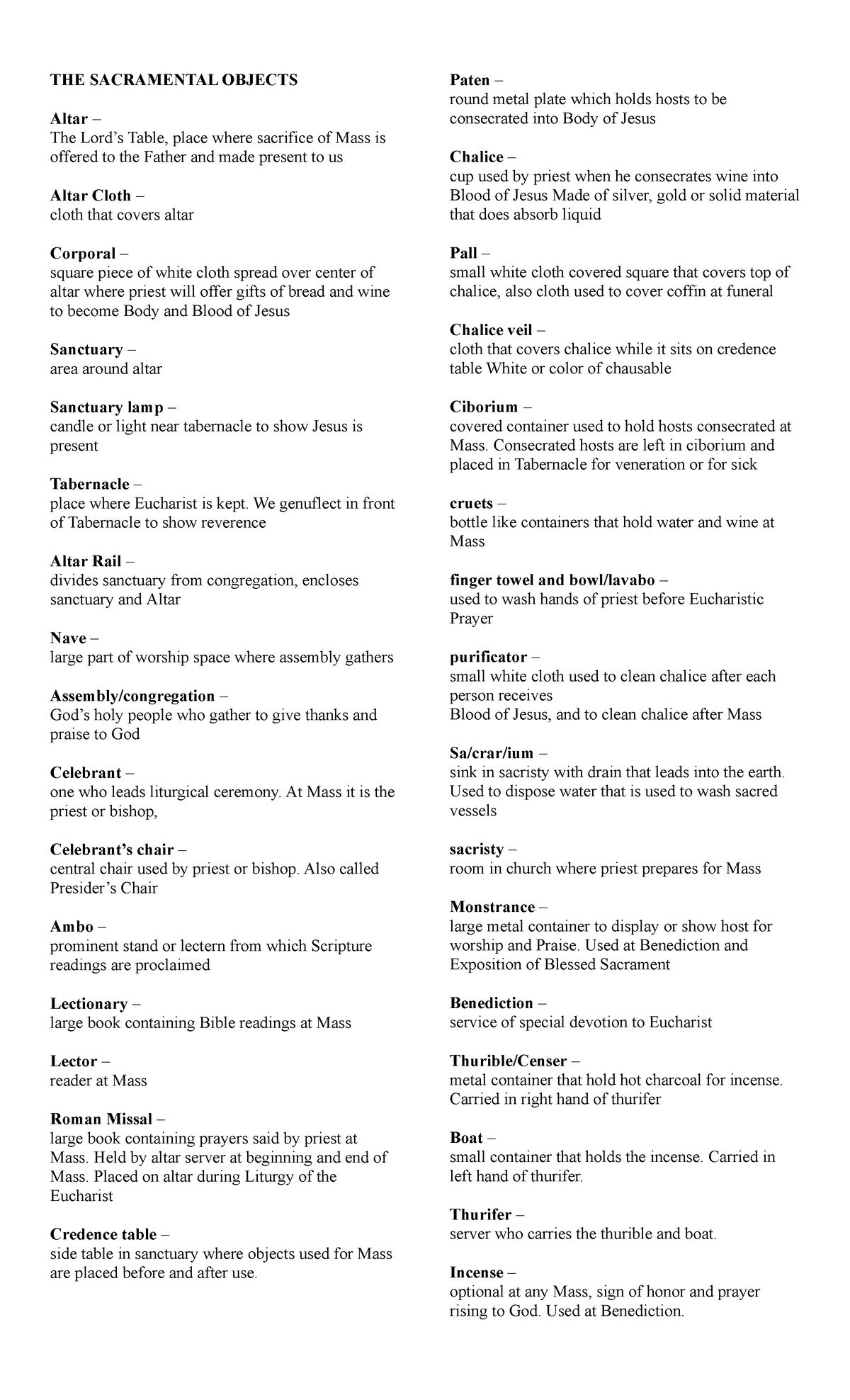 THE- Sacramental- Objects - THE SACRAMENTAL OBJECTS Altar – The Lord’s ...