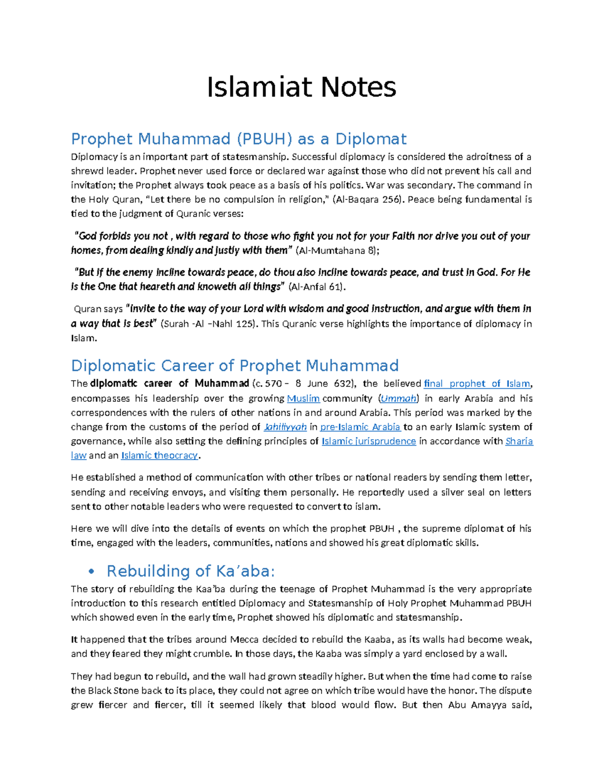 607163964-Islamiat-Notes - Islamiat Notes Prophet Muhammad (PBUH) as a ...