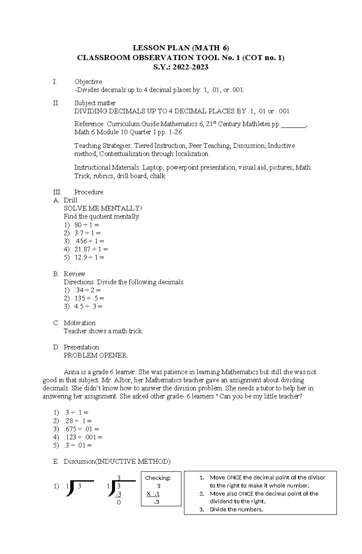 COT no. 1 MATH 6 2022-2023( Quarter 1)tunay - LESSON PLAN (MATH 6) CLASSROOM OBSERVATION TOOL No ...