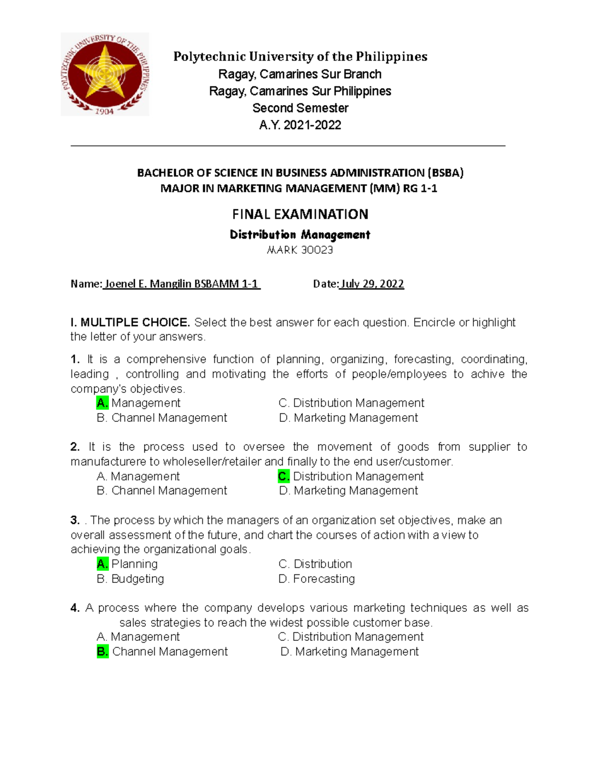 PUP Final EXAM Distribution Management - Ragay, Camarines Sur Branch ...