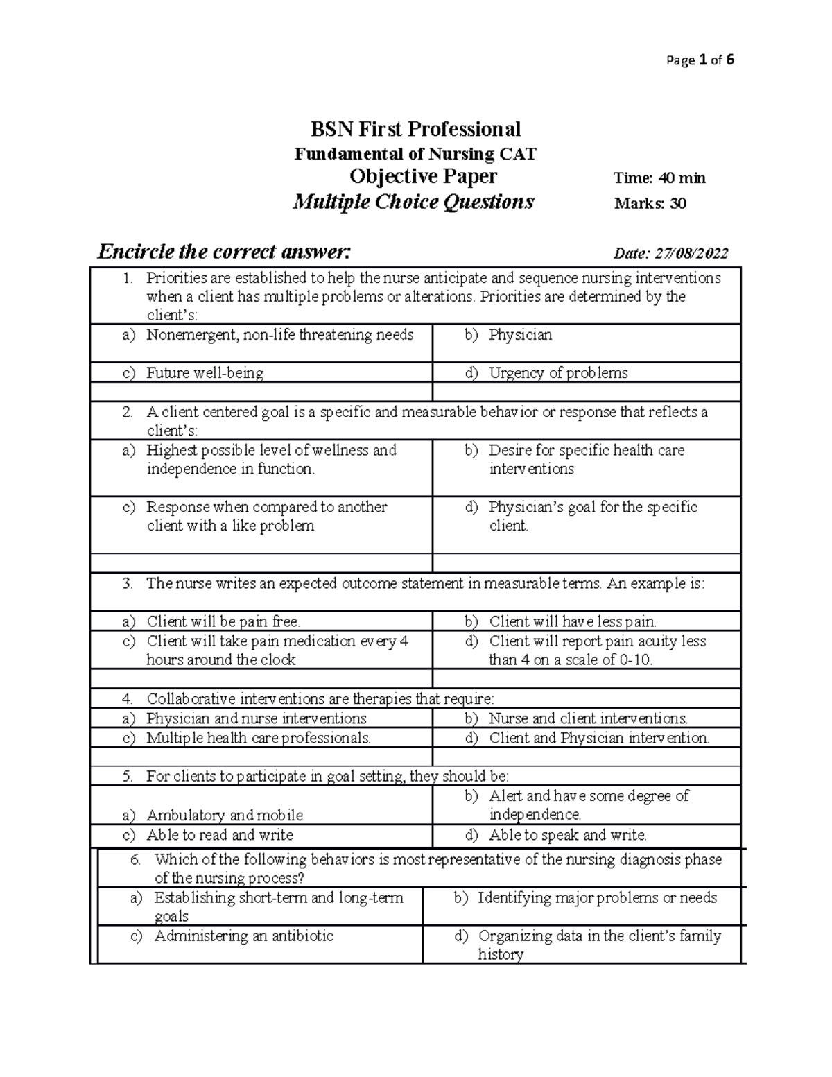 CAT FON - CAT FON - BSN First Professional Fundamental of Nursing CAT ...