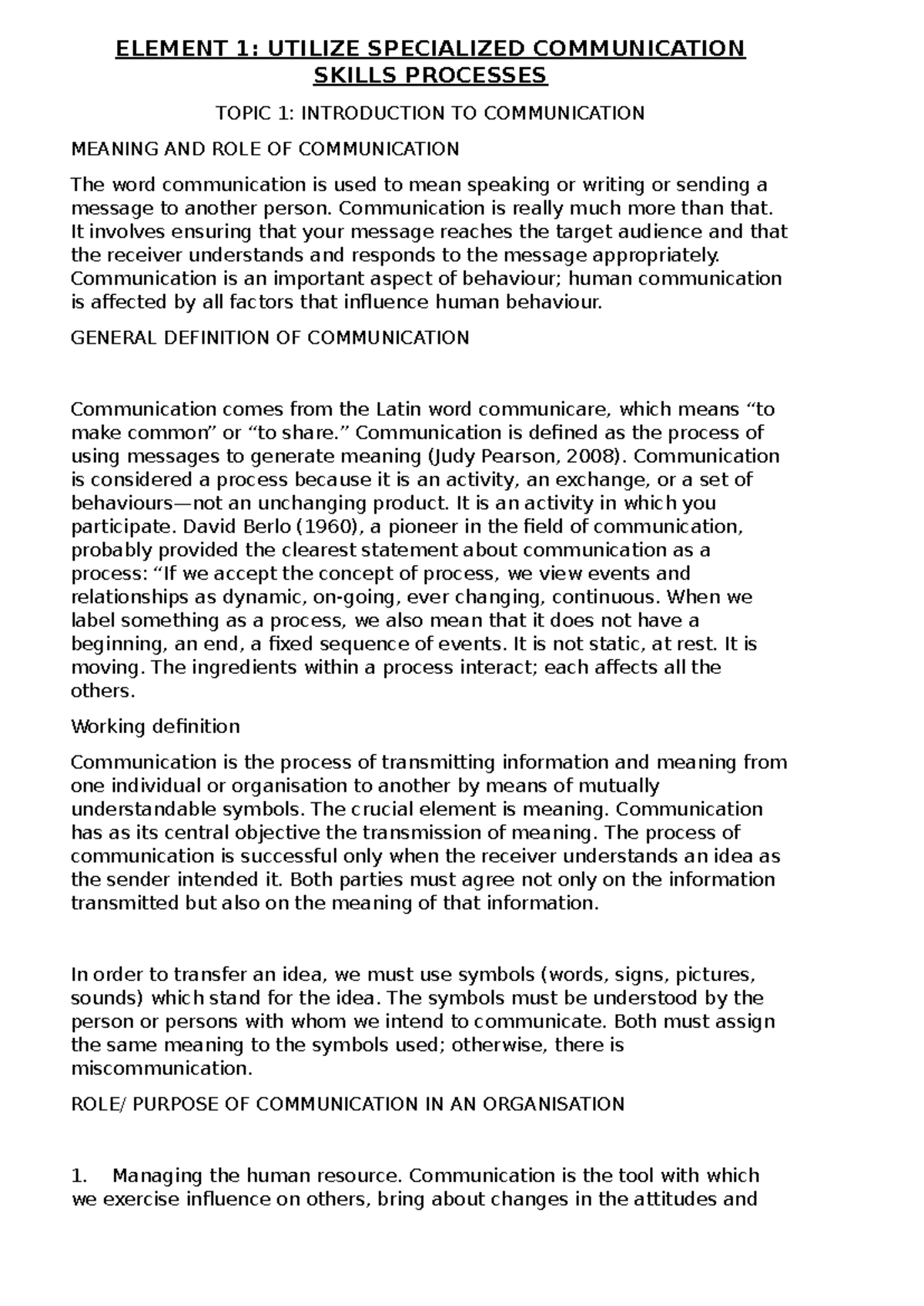 Comm Skills Notes-1 - Aiding notes - ELEMENT 1: UTILIZE SPECIALIZED ...