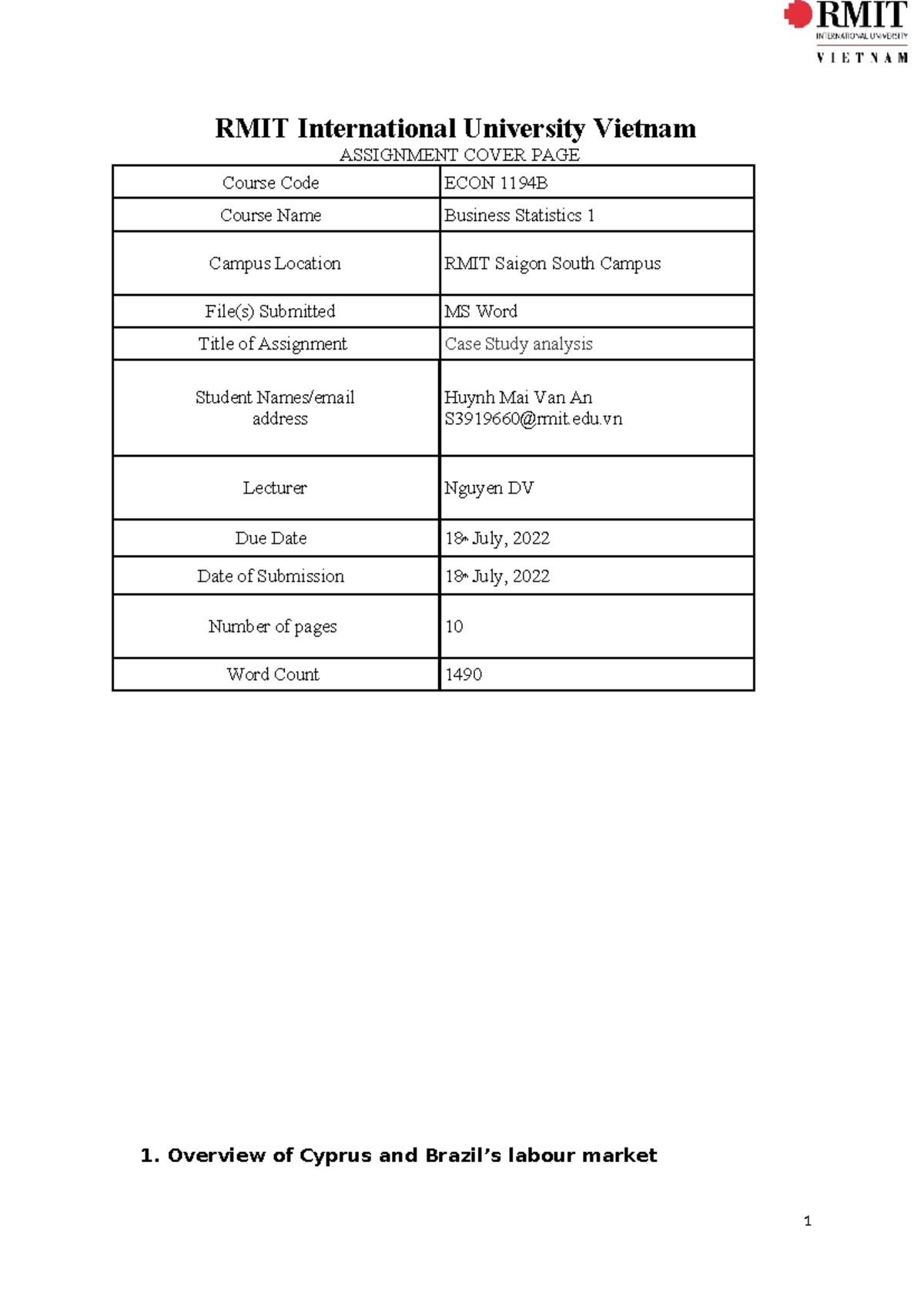 Bstat - RMIT International University Vietnam ASSIGNMENT COVER PAGE ...