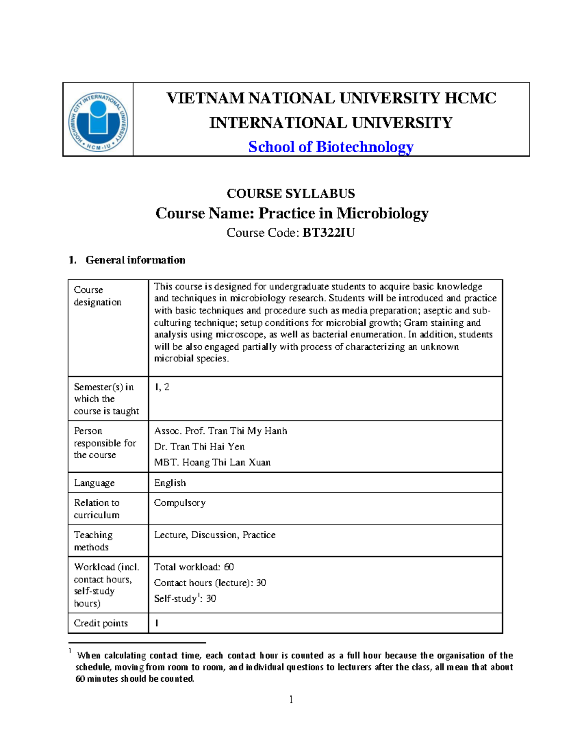 Practice in Microbiology - Syllabus - VIETNAM NATIONAL UNIVERSITY HCMC ...