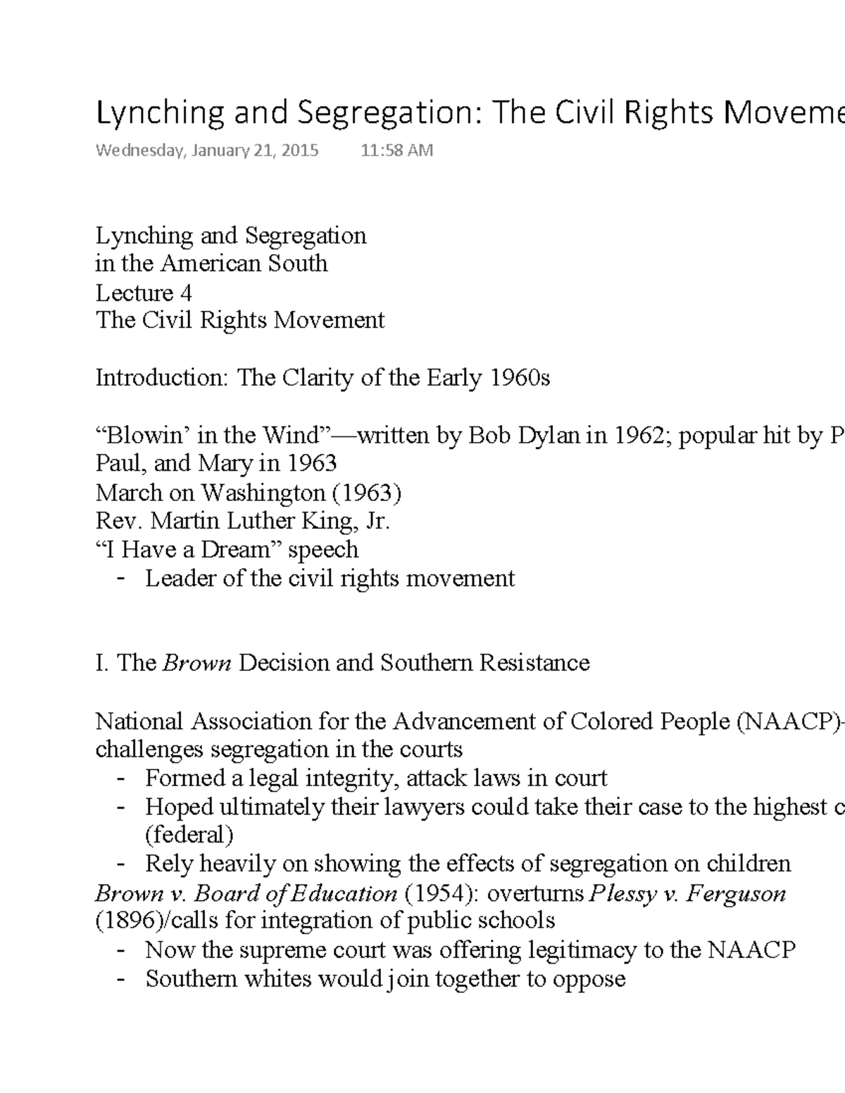 Hist 1500 Lecture 4 on Lynching and Segregation The Civil Rights ...