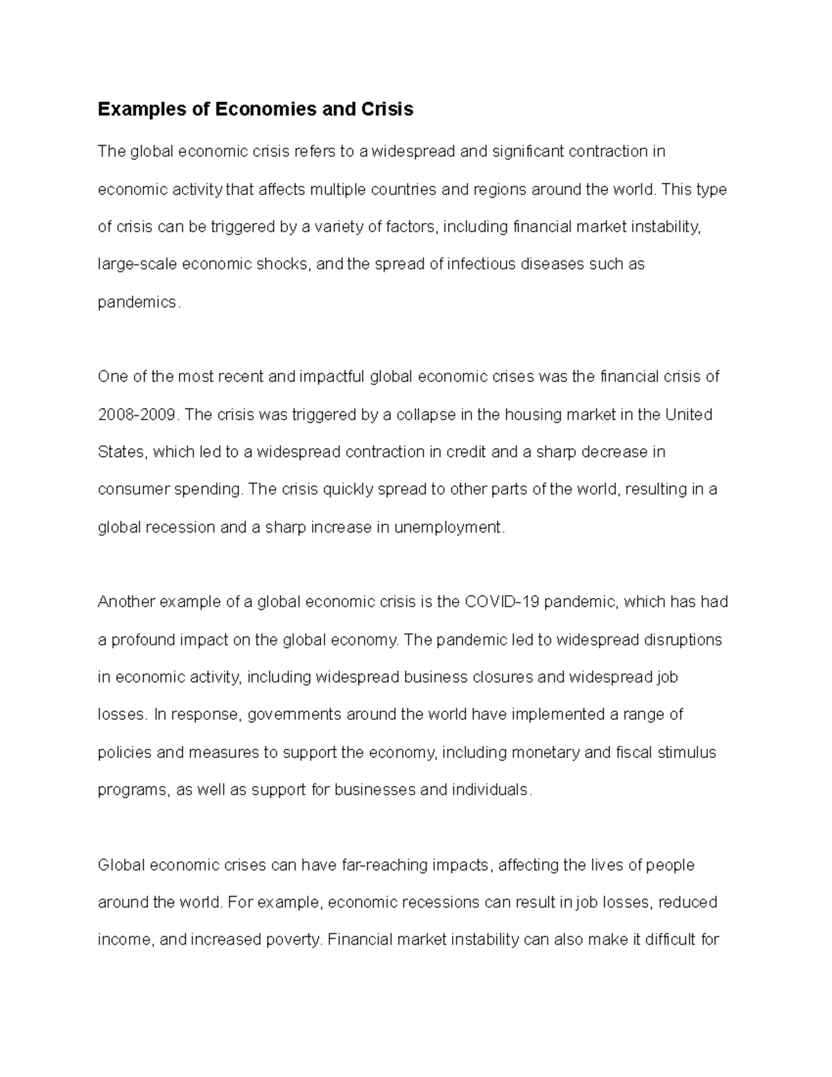 Examples of Economies and Crisis - This type of crisis can be triggered ...