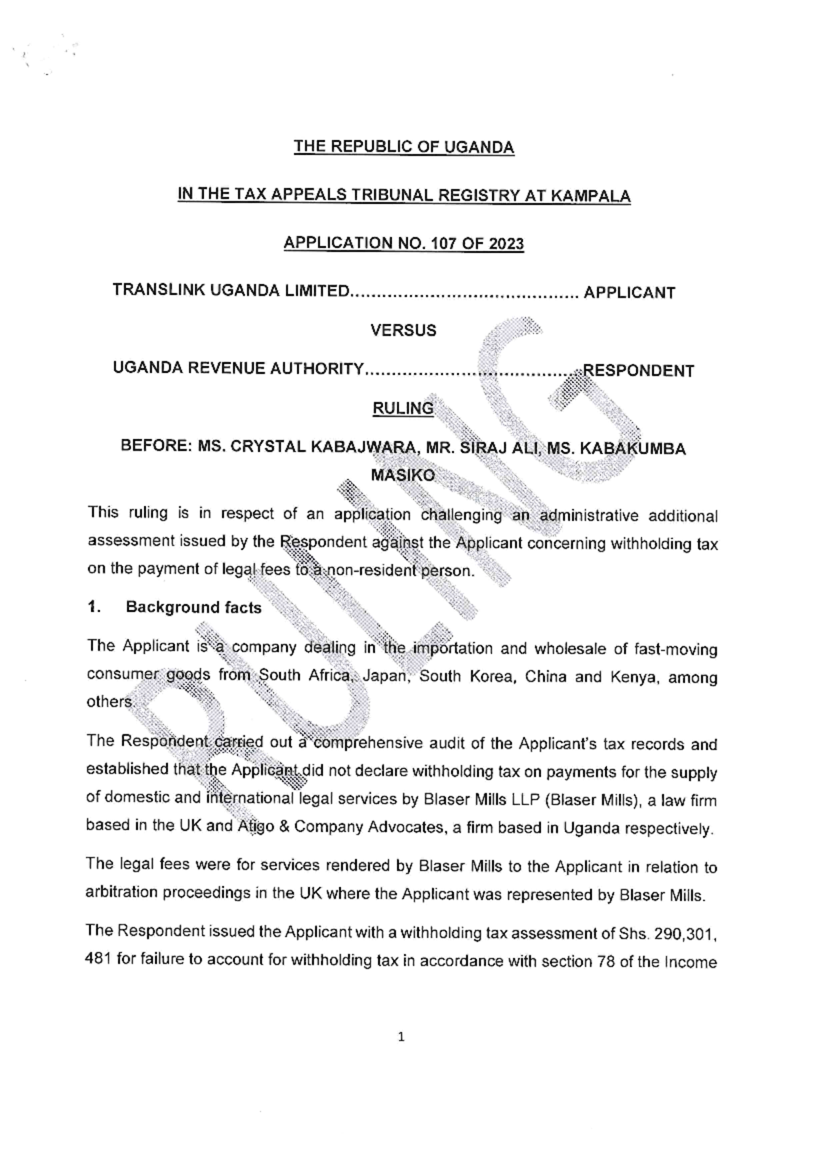 Translink Uganda Limited v Uganda Revenue Authority TAT No.107 Of 2023 ...