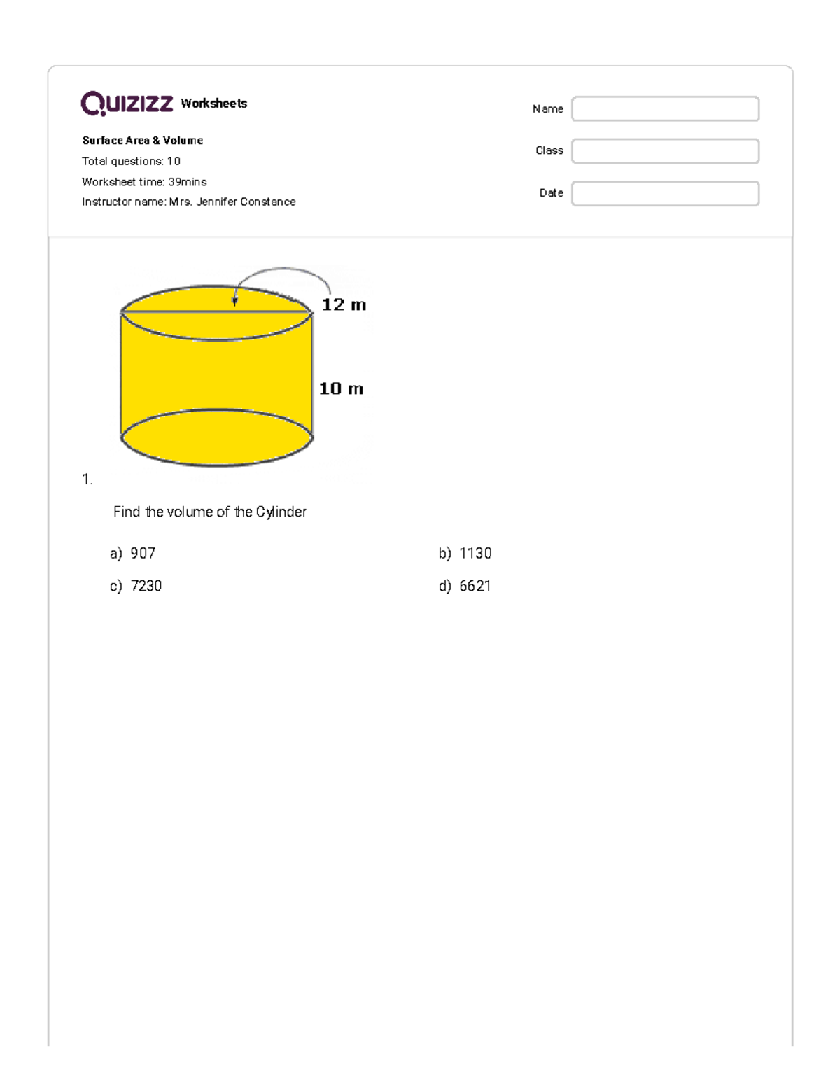 Quiz- Surface Area & Volume - Worksheets Surface Area & Volume Total ...