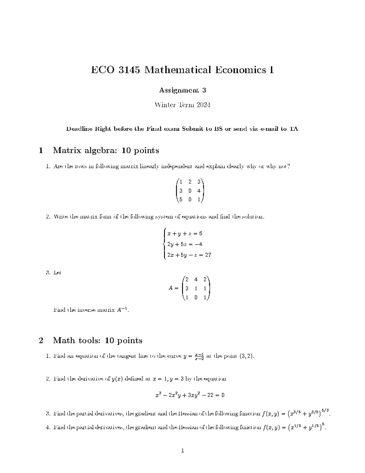 Assignment 3-2024 - ECO 3145 Mathematical Economics I Assignment 3 ...