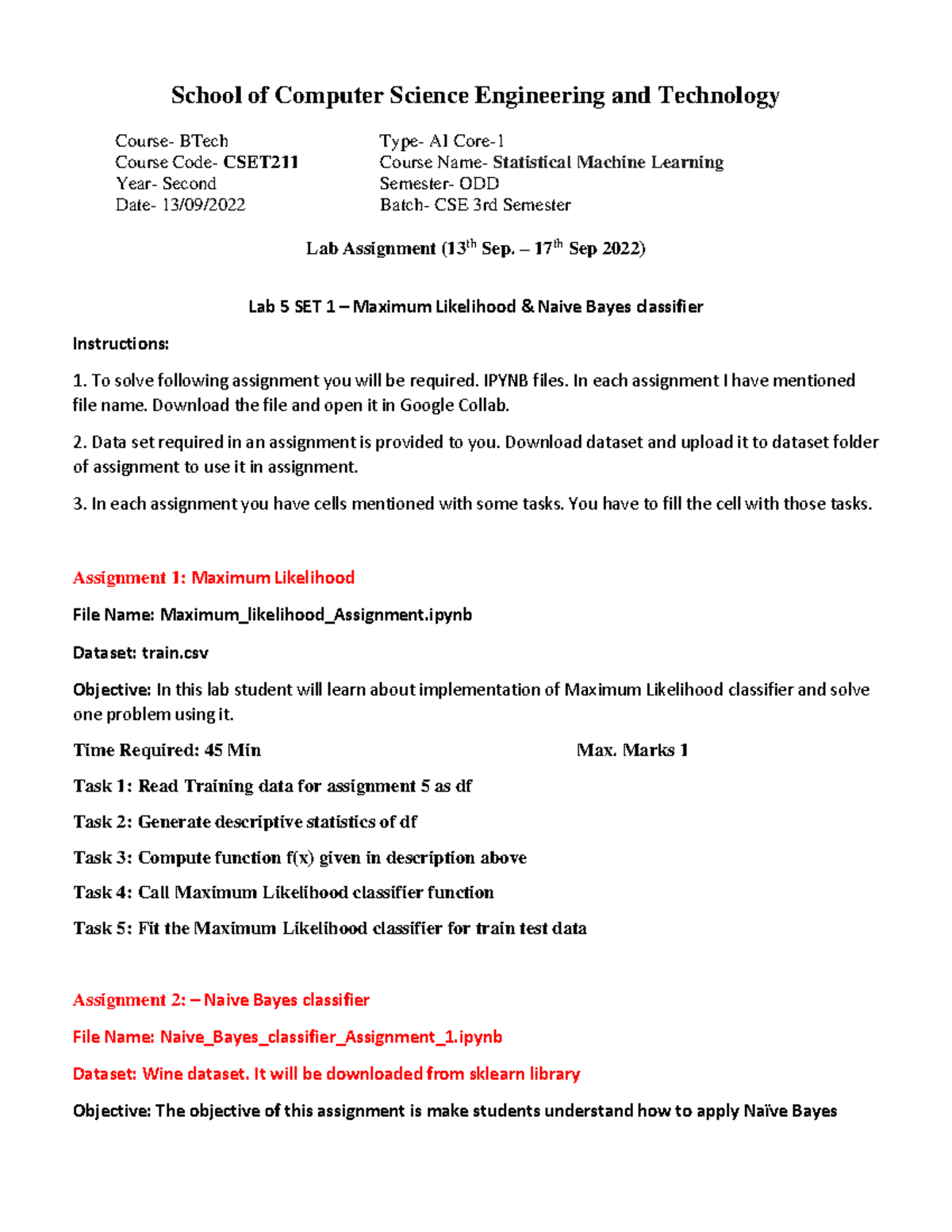 SML Week4 SET-1 - JDBNJKSB - School of Computer Science Engineering and Technology Course- BTech ...