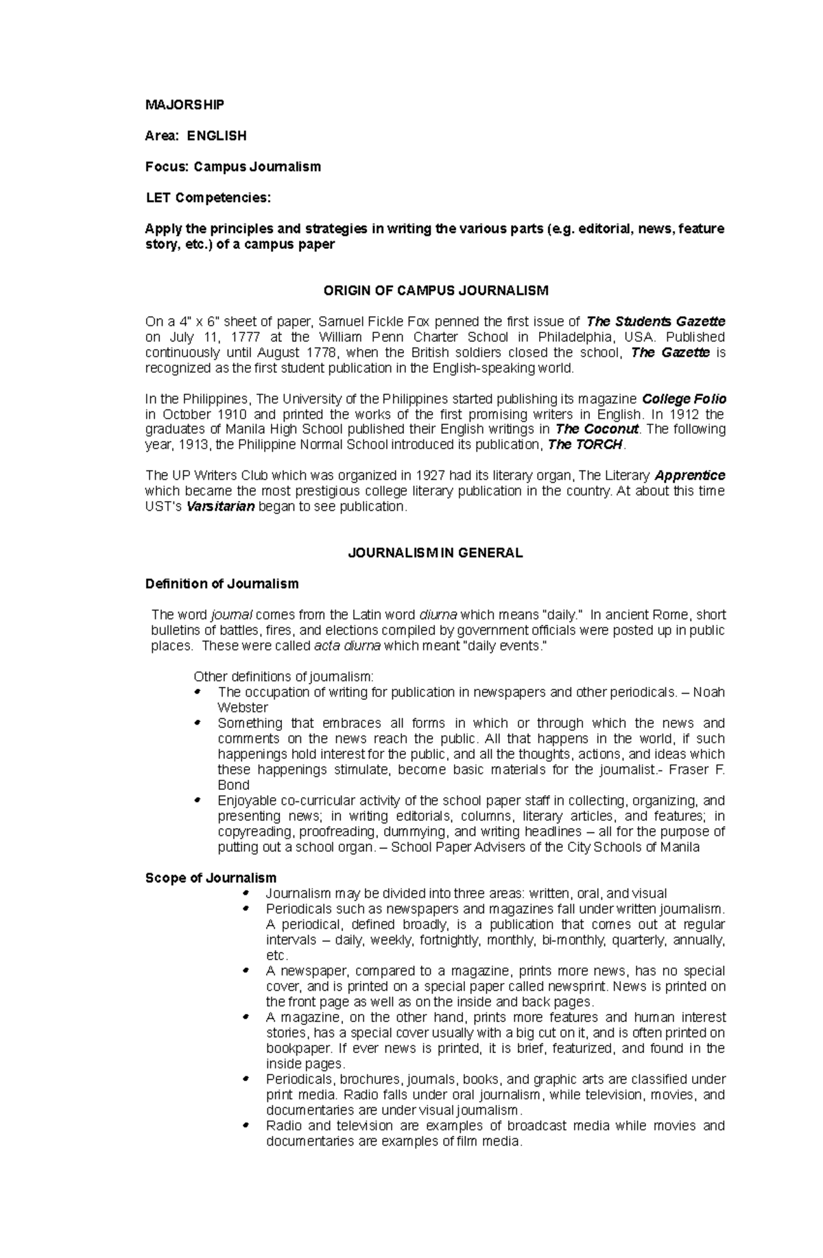 Campus Journalism - MAJORSHIP Area: ENGLISH Focus: Campus Journalism ...
