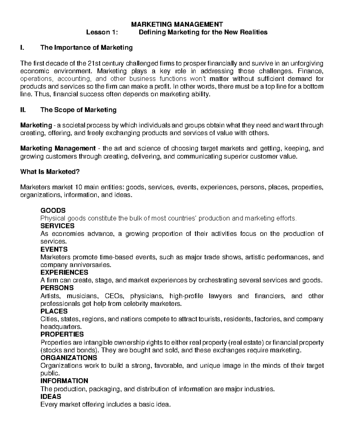 Markman Lesson 1 - study hard - MARKETING MANAGEMENT Lesson 1: Defining ...
