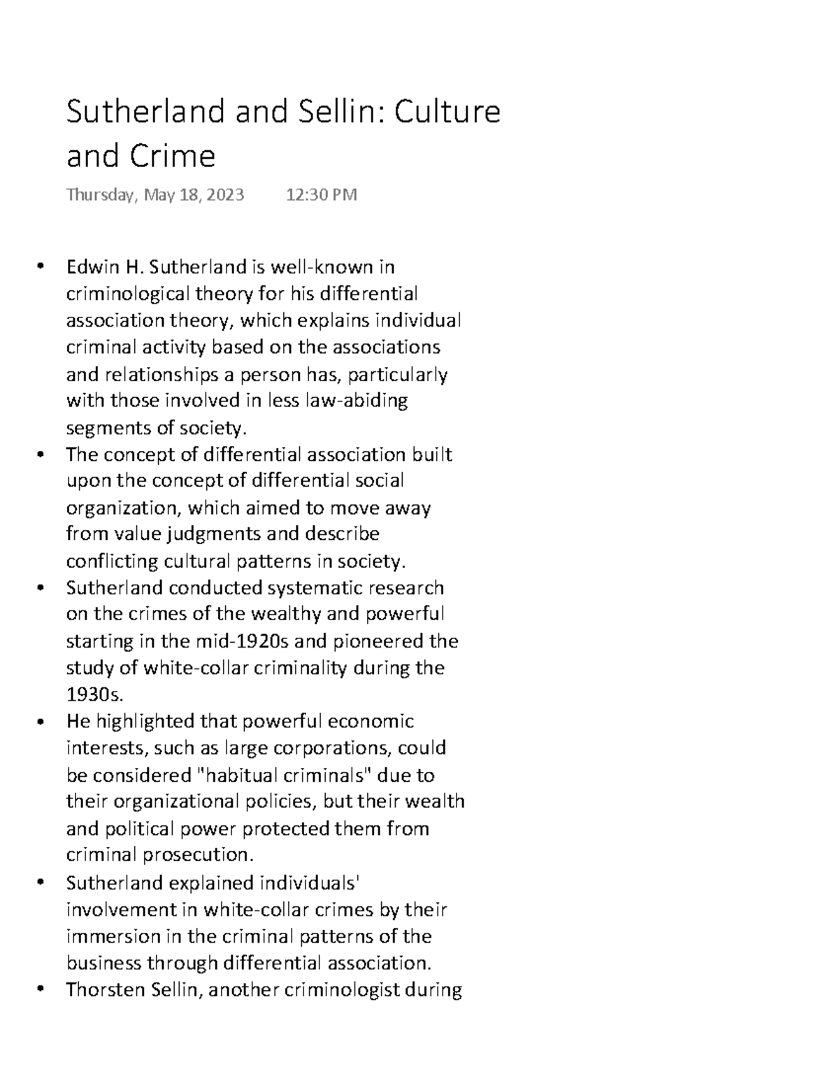 Sutherland and Sellin Culture and Crime - Edwin H. Sutherland is well ...