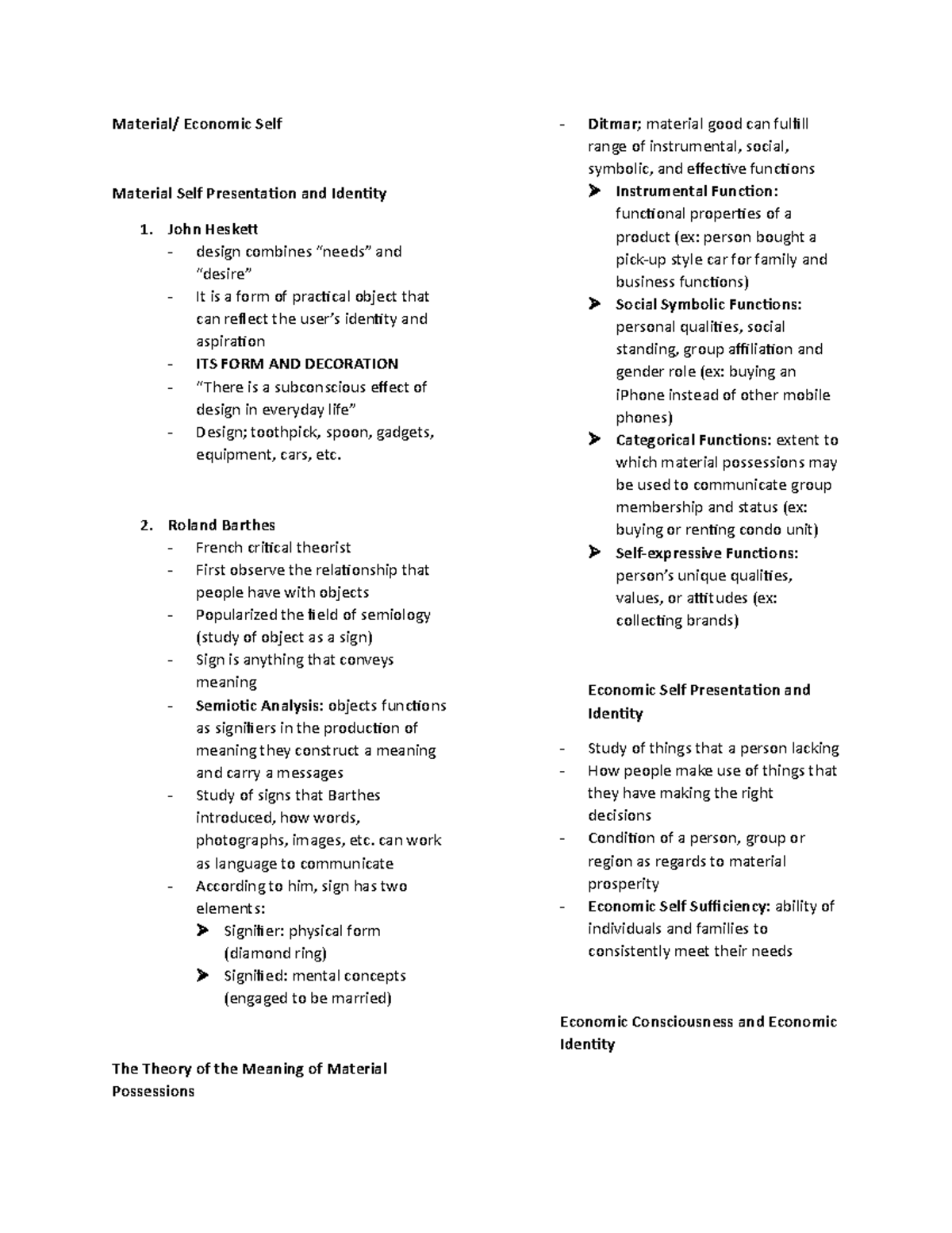 UTS The Material Self Notes - Lecture - Material/ Economic Self ...