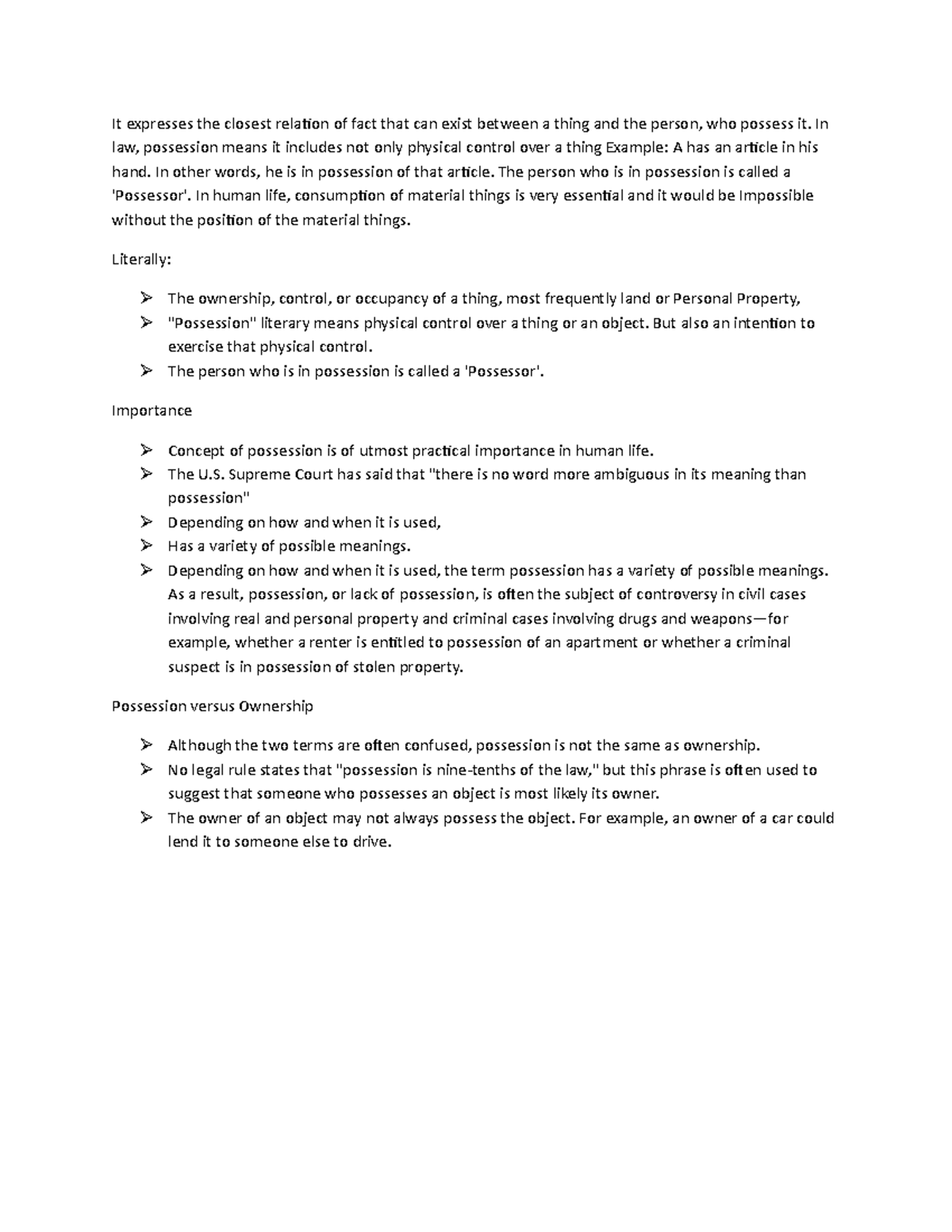 16. possession - Exam Notes for LLB - It expresses the closest relation ...