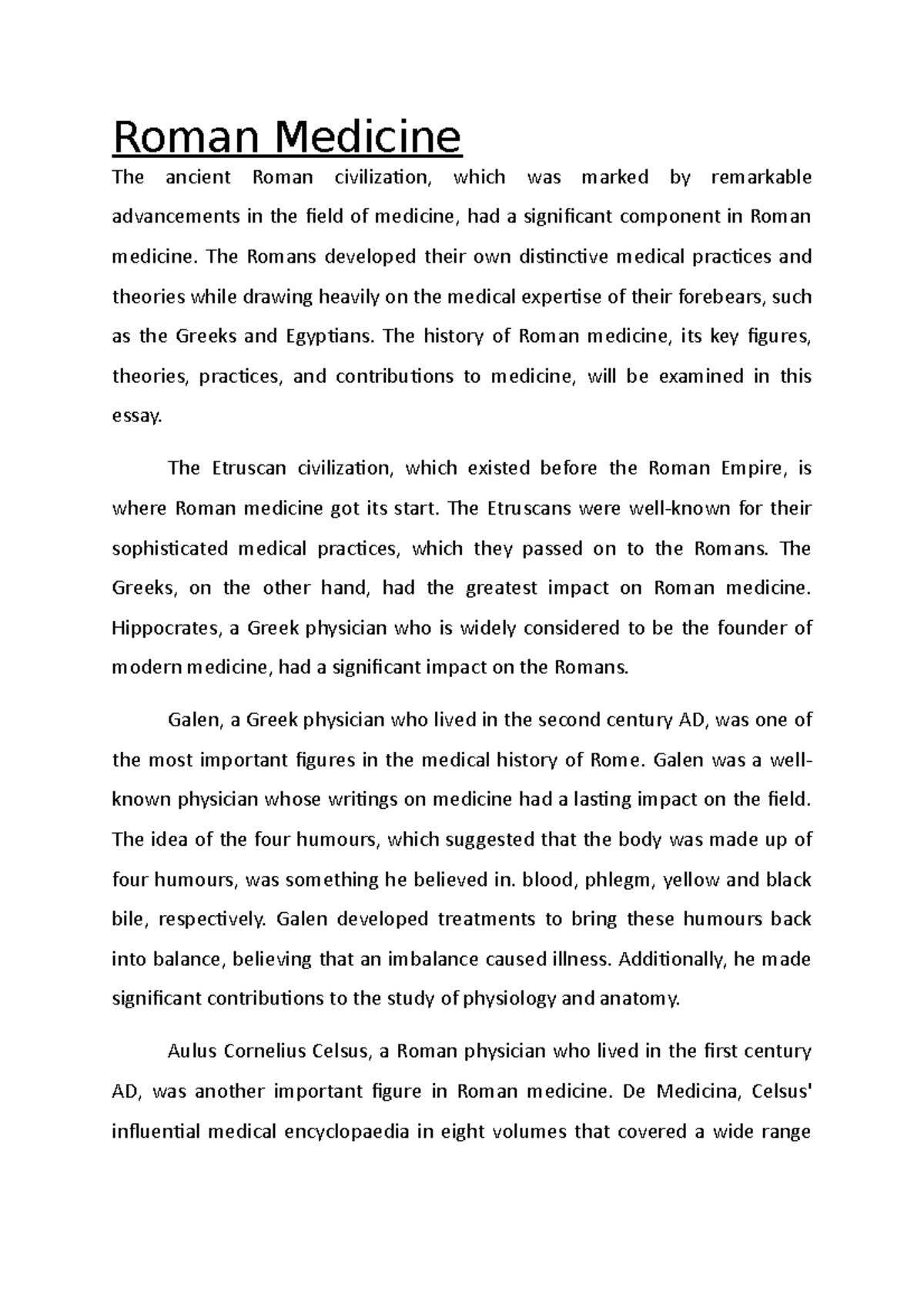 Roman Medicine - Galen, a Greek physician who lived in the second ...