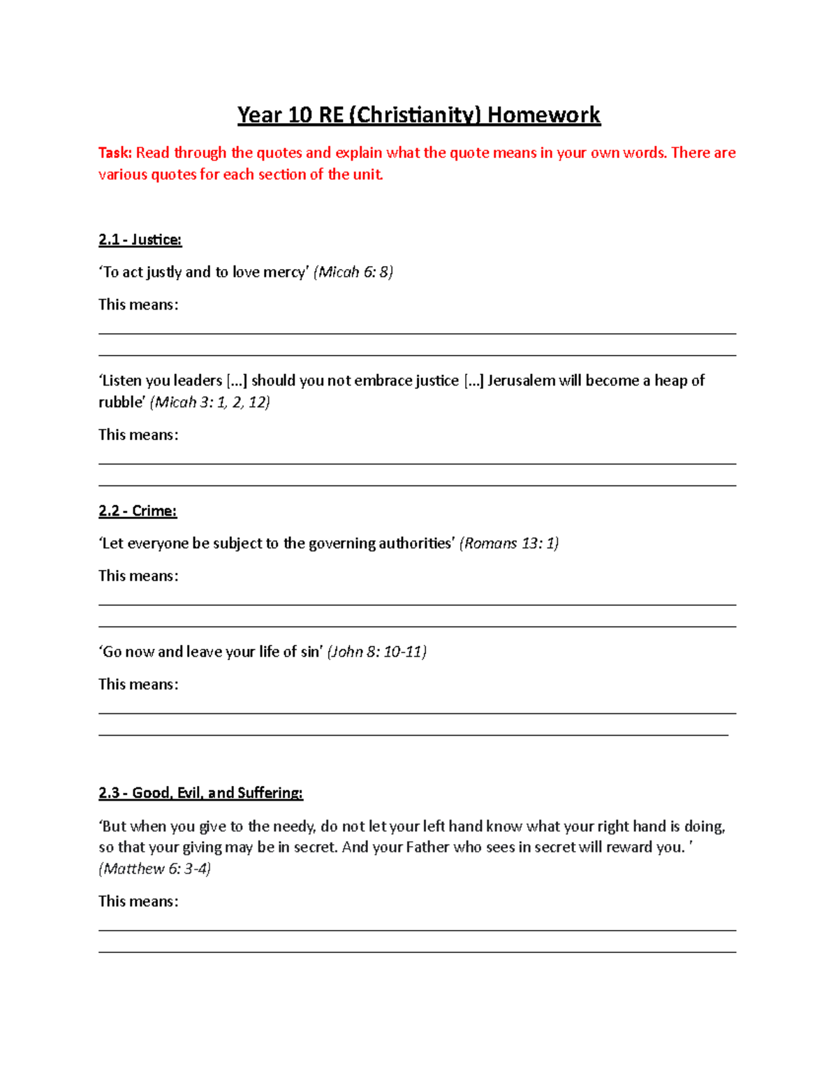 Christianity revision - Year 10 RE (Christianity) Homework Task: Read ...